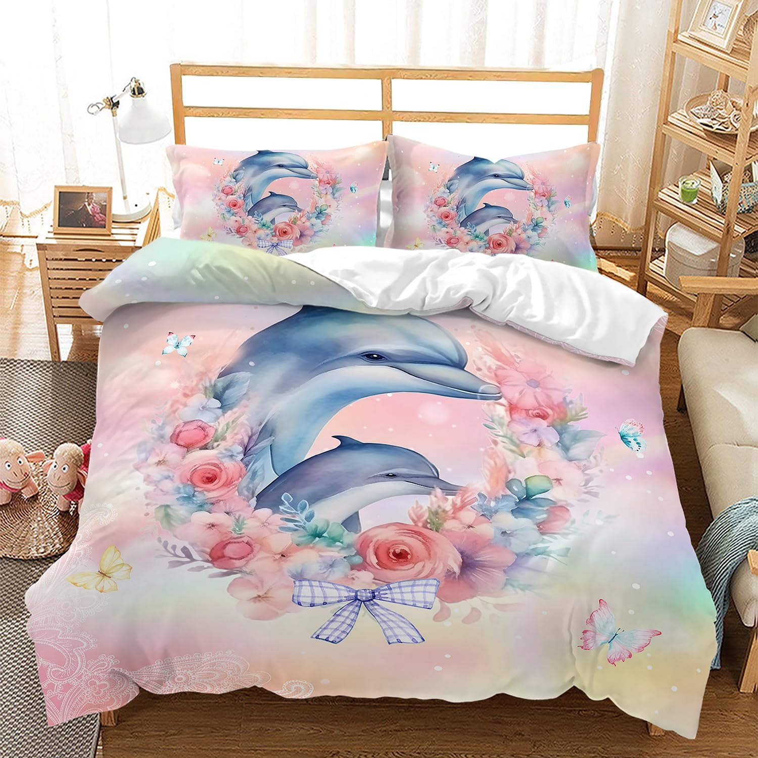 Ocean Dolphin Duvet Cover Set, Cute Dolphin Mother and Baby Pattern ...