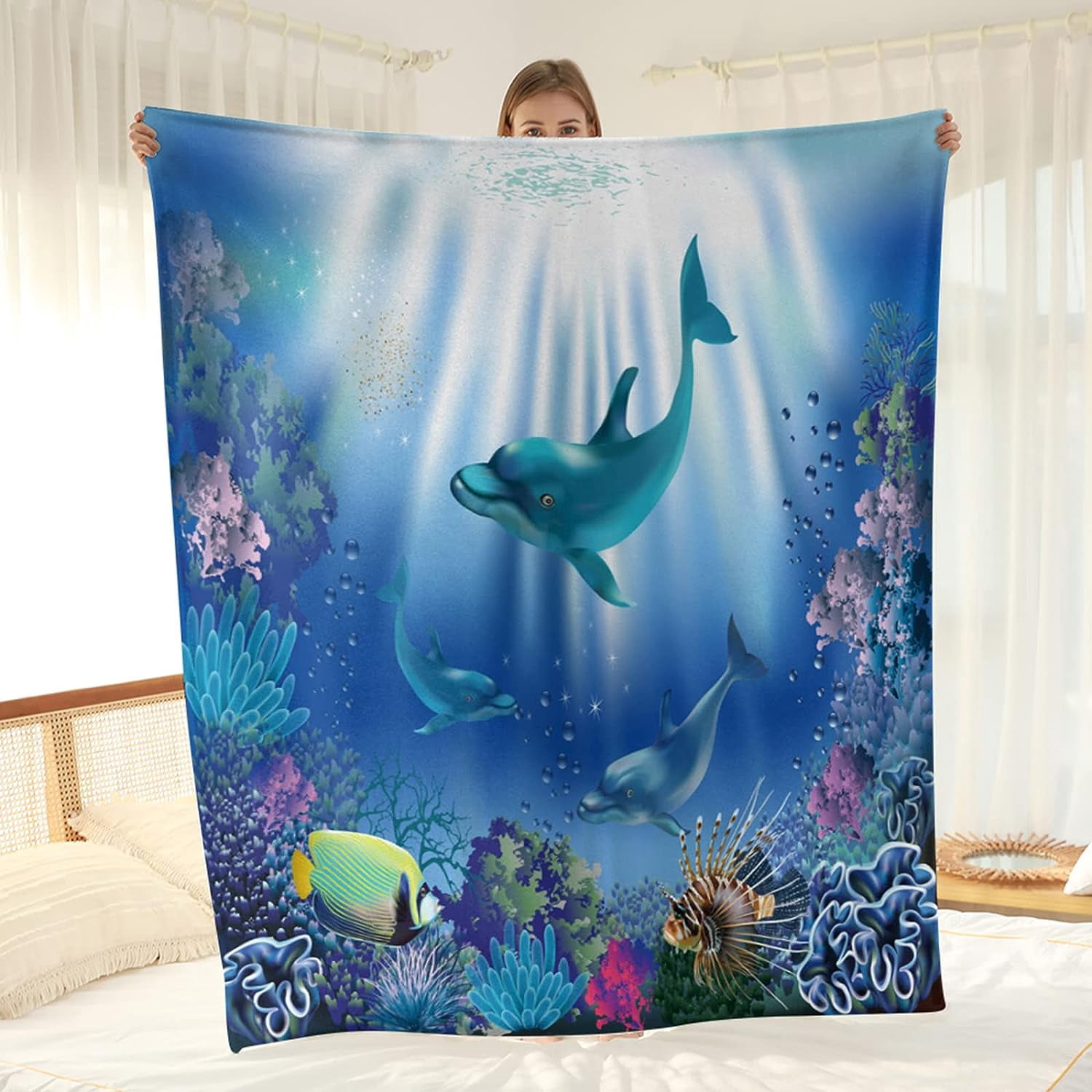 Ocean Dolphin Fish Blanket Underwater World Colorful Sea Life Throw ...