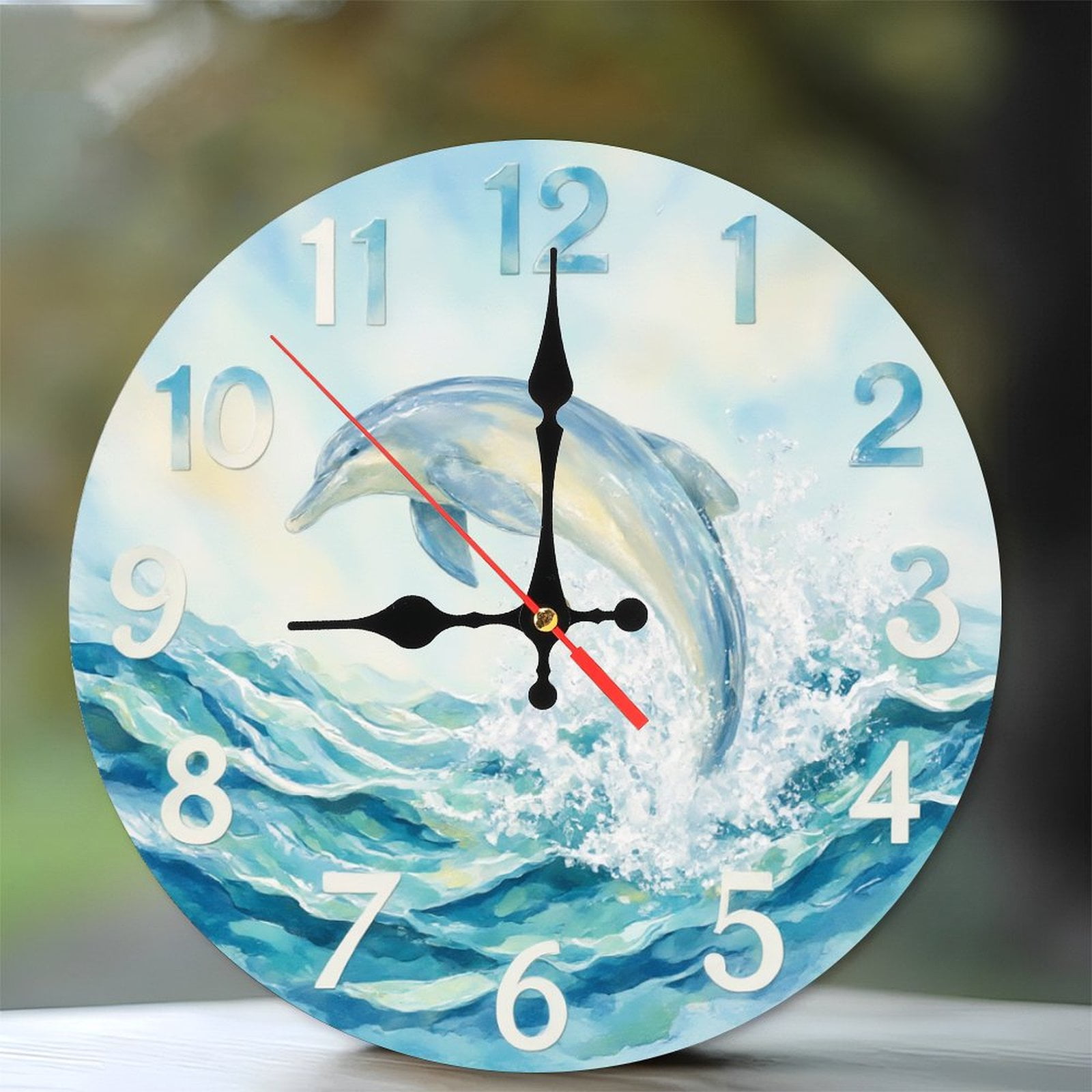 Ocean Dolphin Jumping Wall Clock Aqua Blue Decor 10-Inch Silent Wooden ...