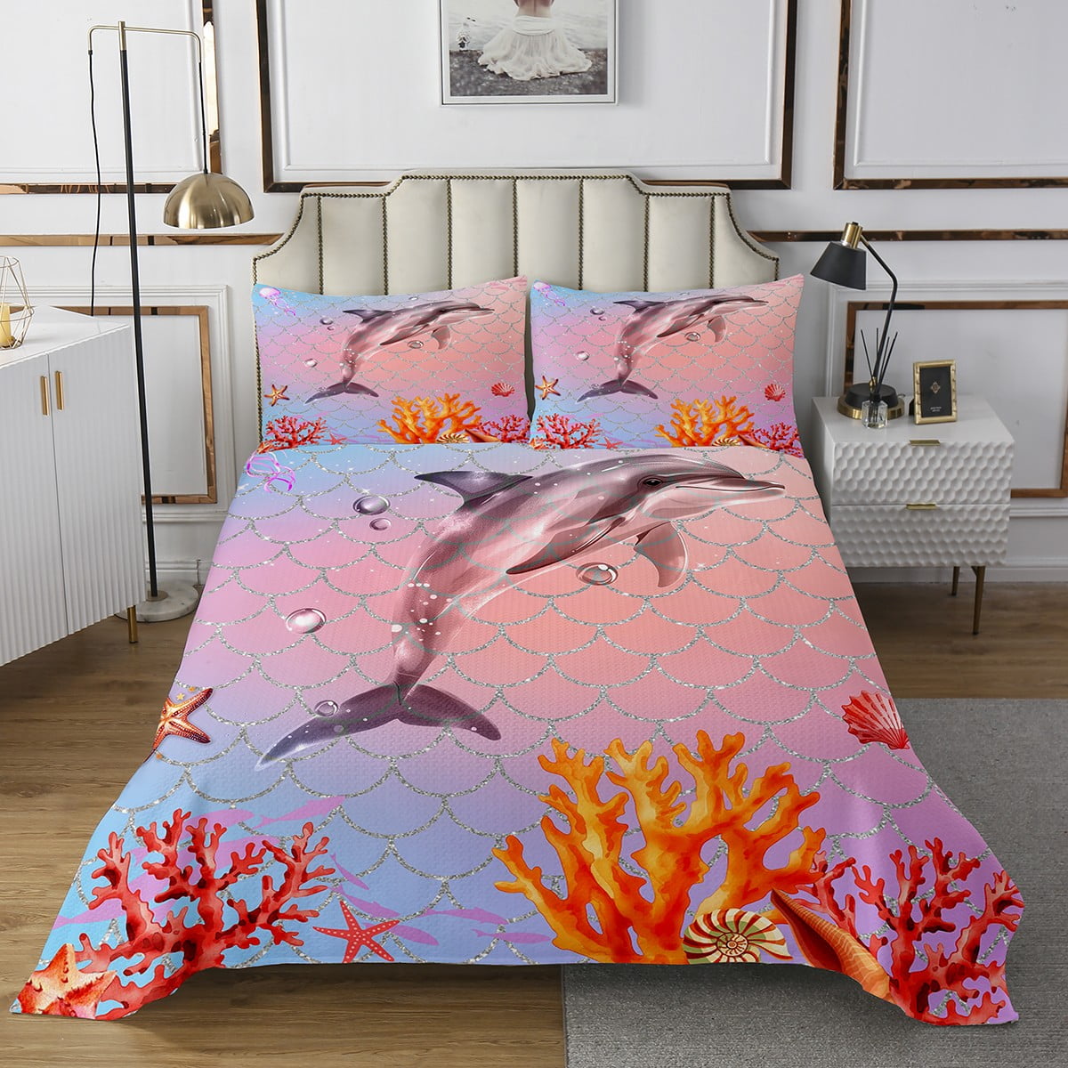 Ocean Dolphin Quilt Set Queen Size,Cute Dolphin Pattern Bedspread Set ...