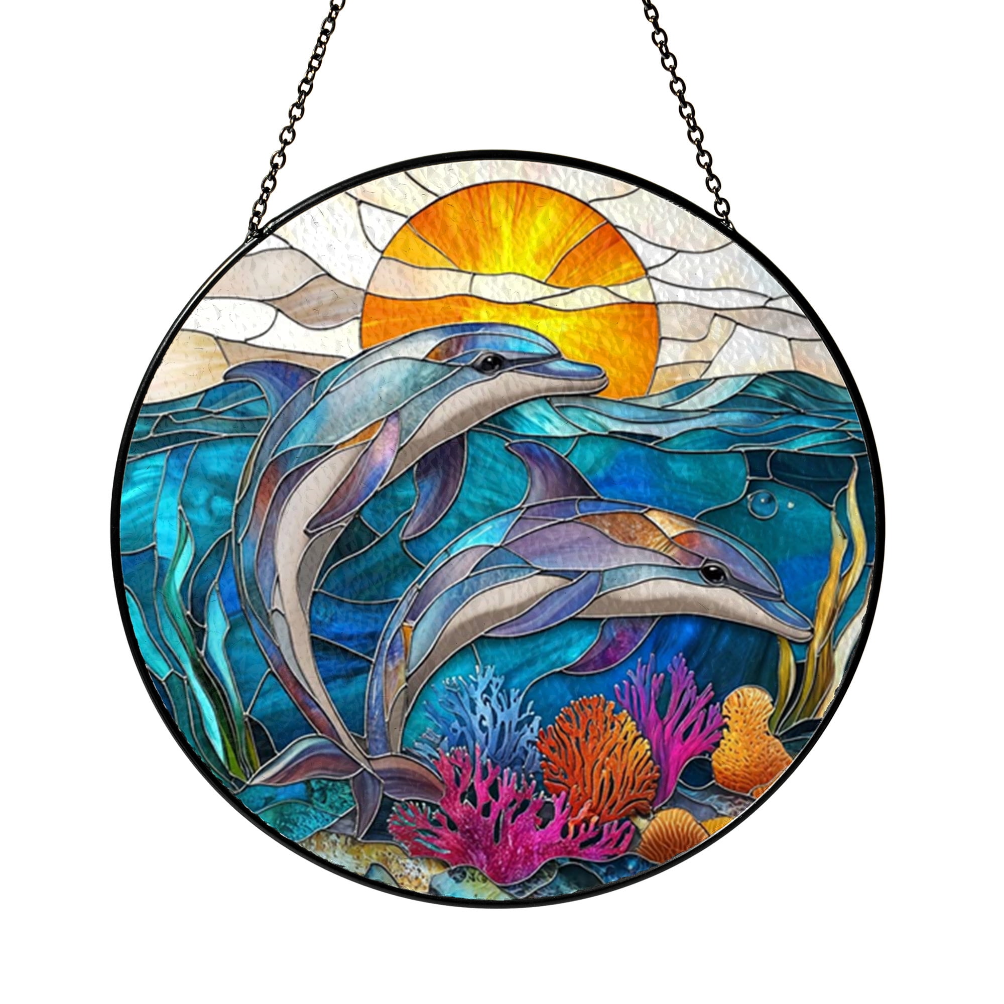 Ocean Dolphin Reef Art Glass Style Decorative Window Hanging2001 ...