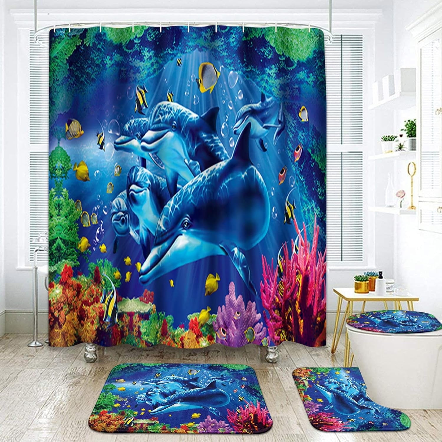 Ocean Dolphins Bathroom Set with Shower Curtain Set and Rugs ...