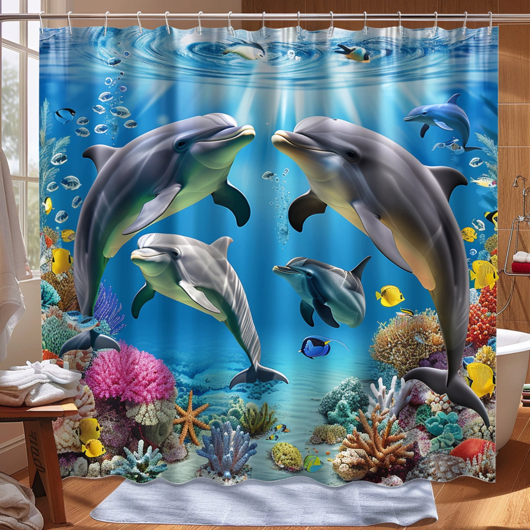 Ocean Dolphins Shower CurtainTropical Fish Coral Reef DesignBathroom ...