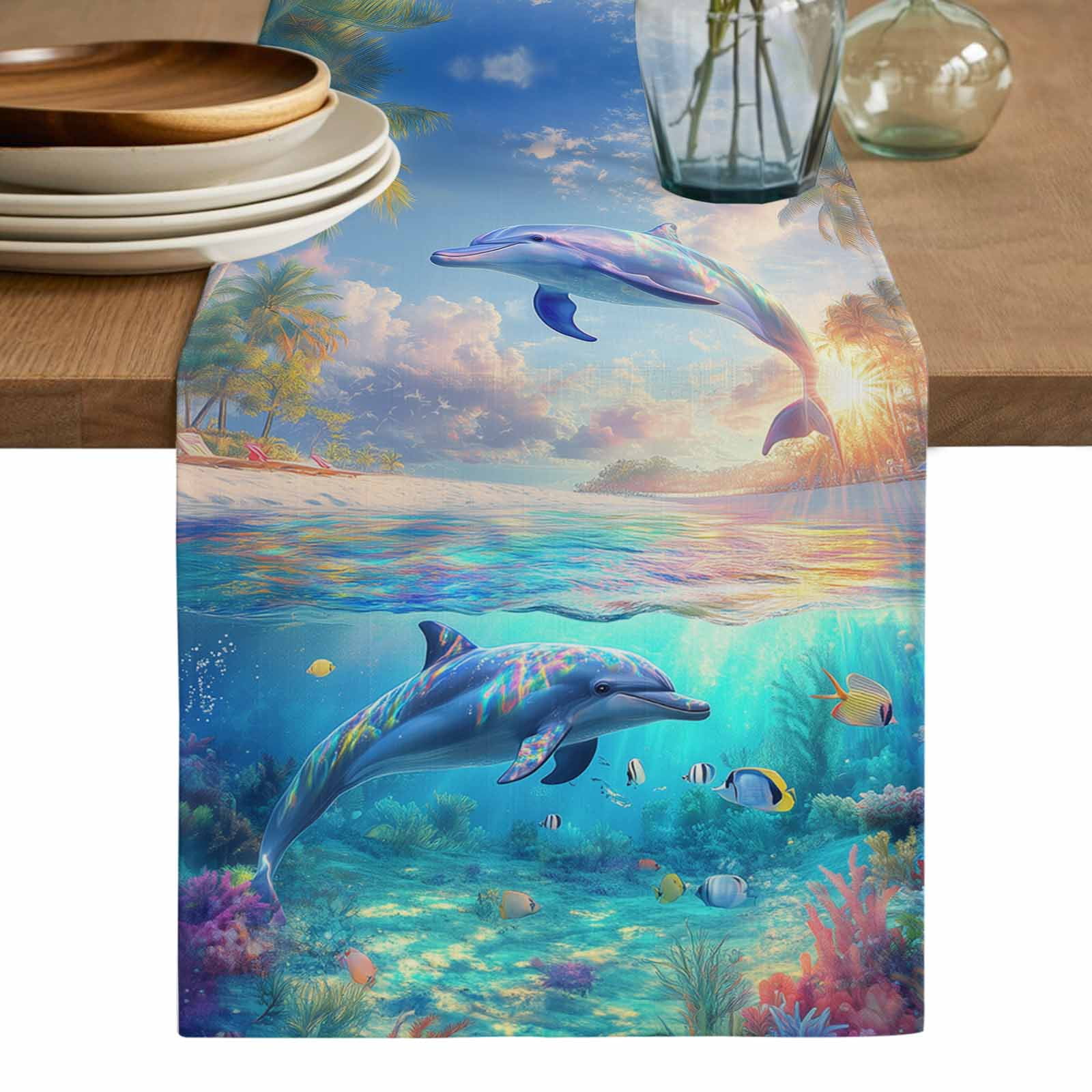 Ocean Dolphins Table Runner, Summer Coral Coconut Trees Tropical Fish ...