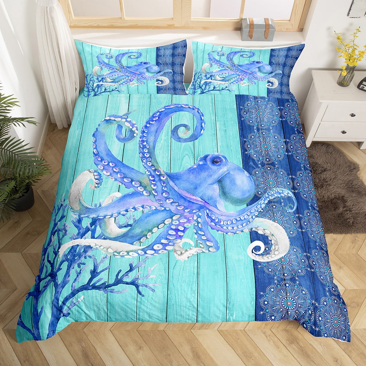Ocean Duvet Cover Octopus Tentacles Bedding Set Rustic Wooden Plank ...