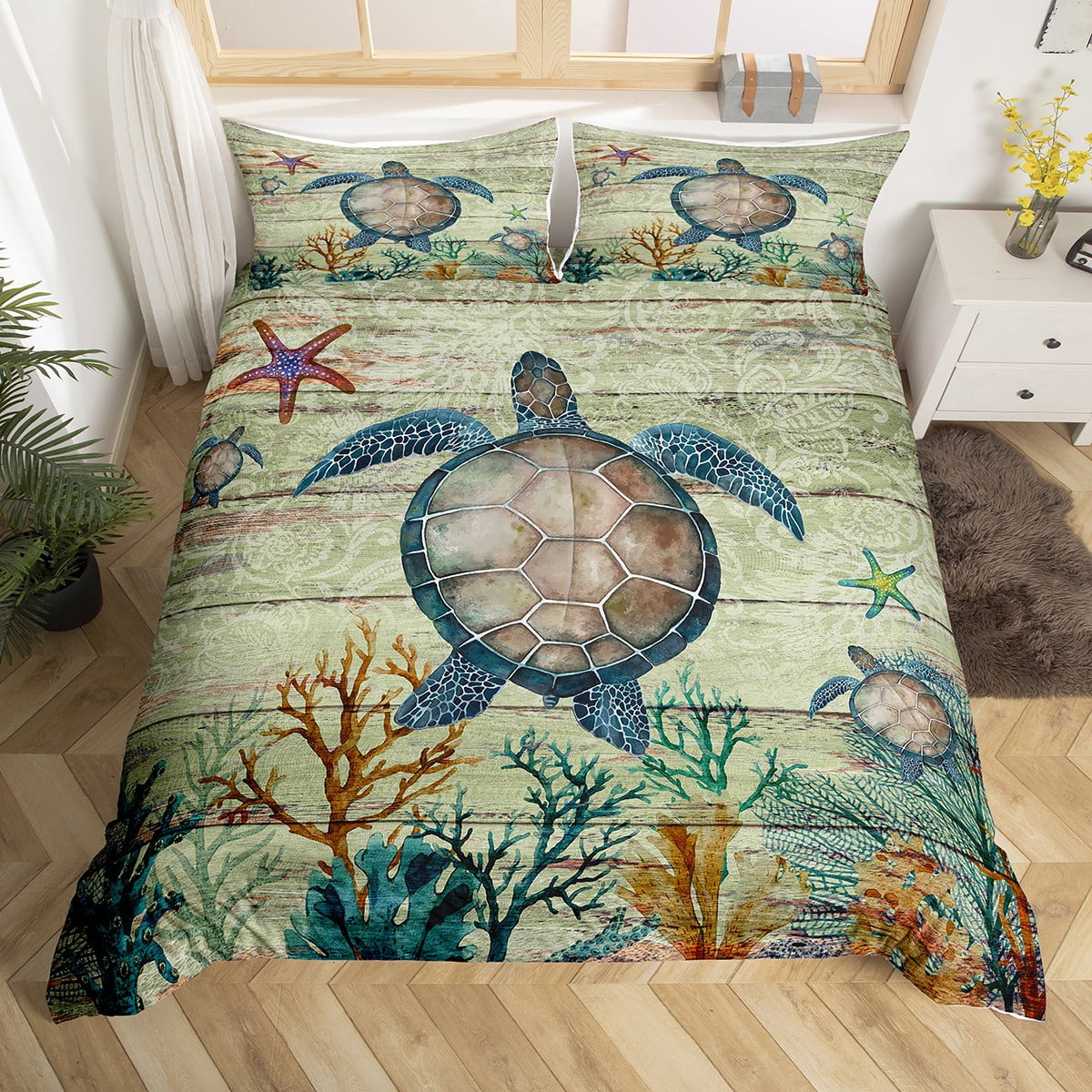 Ocean Duvet Cover Sea Turtle Bedding Set for Kids Child Wooden Plank ...