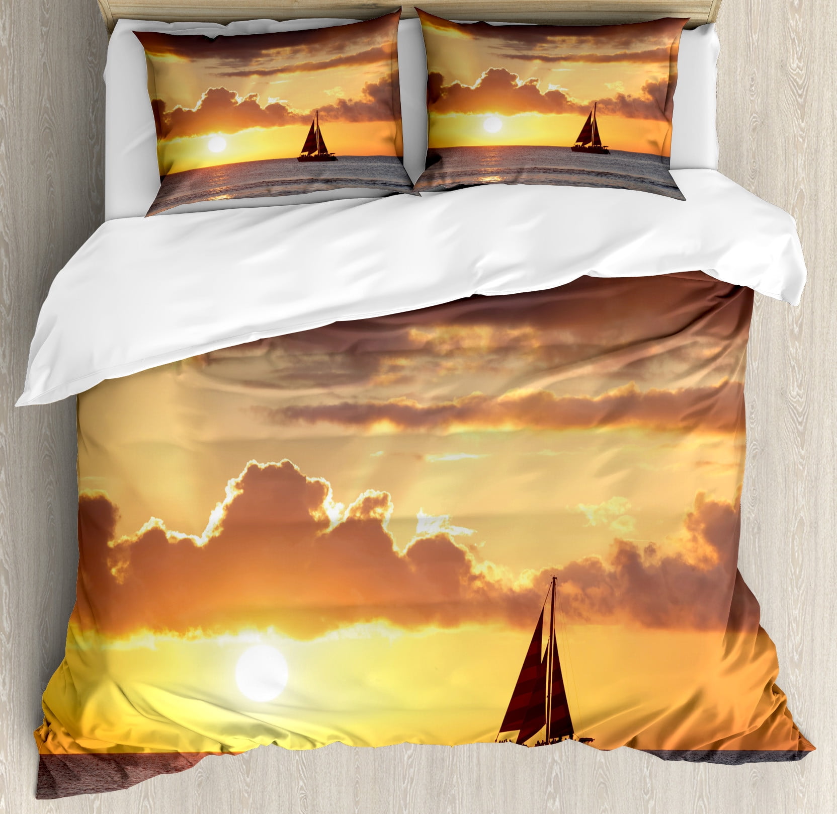 Ocean Duvet Cover Set, Boat in the Oceannd Cloudy Skyt Sunset Digital ...