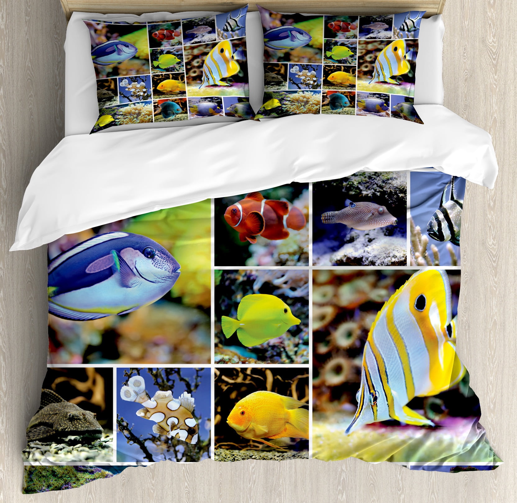 Ocean Duvet Cover Set, Collage of Underwater Photos with a Group of ...