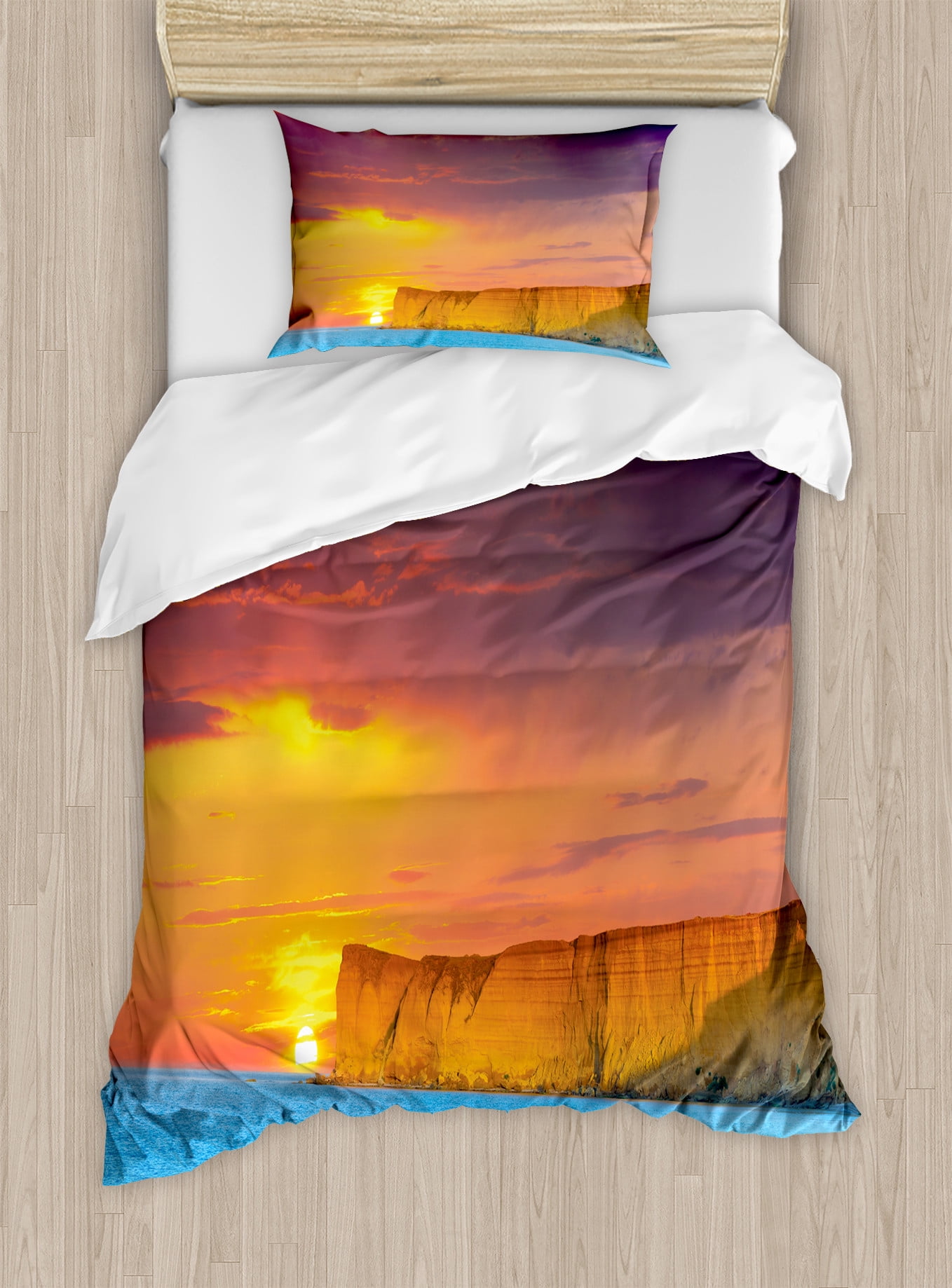 Ocean Duvet Cover Set, Dramatic Sea Summer Sunset with Huge Cliff ...