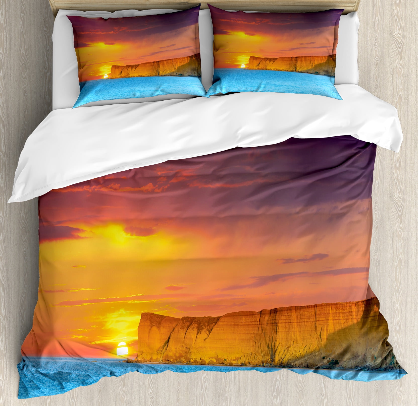 Ocean Duvet Cover Set, Dramatic Sea Summer Sunset with Huge Cliff ...