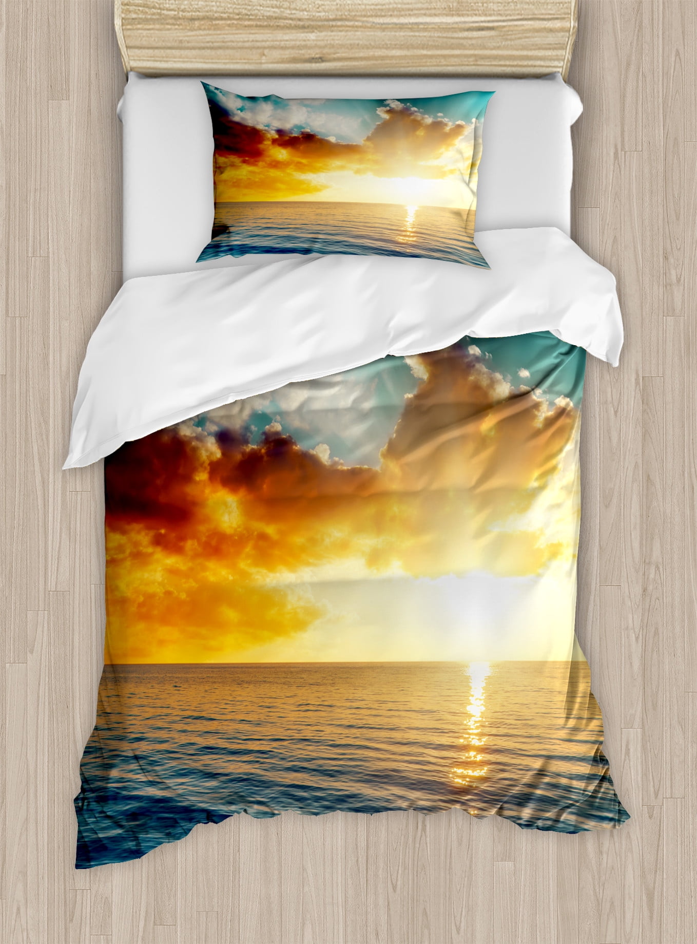 Ocean Duvet Cover Set, Majestic Sunset over the Sea Scenic Idyllic ...