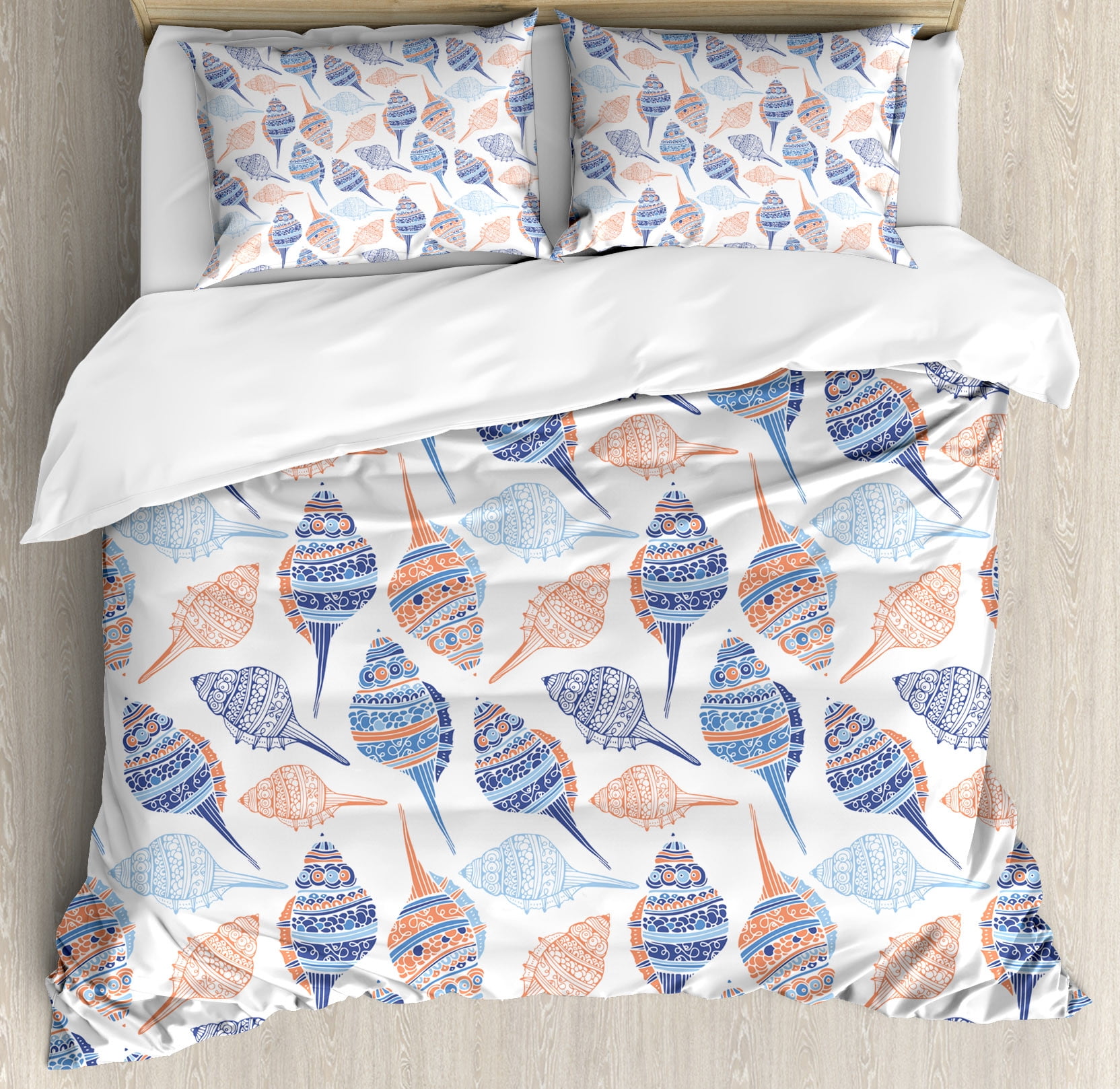Ocean Duvet Cover Set, Marine Life Themed Abstract Seashells Scallops ...
