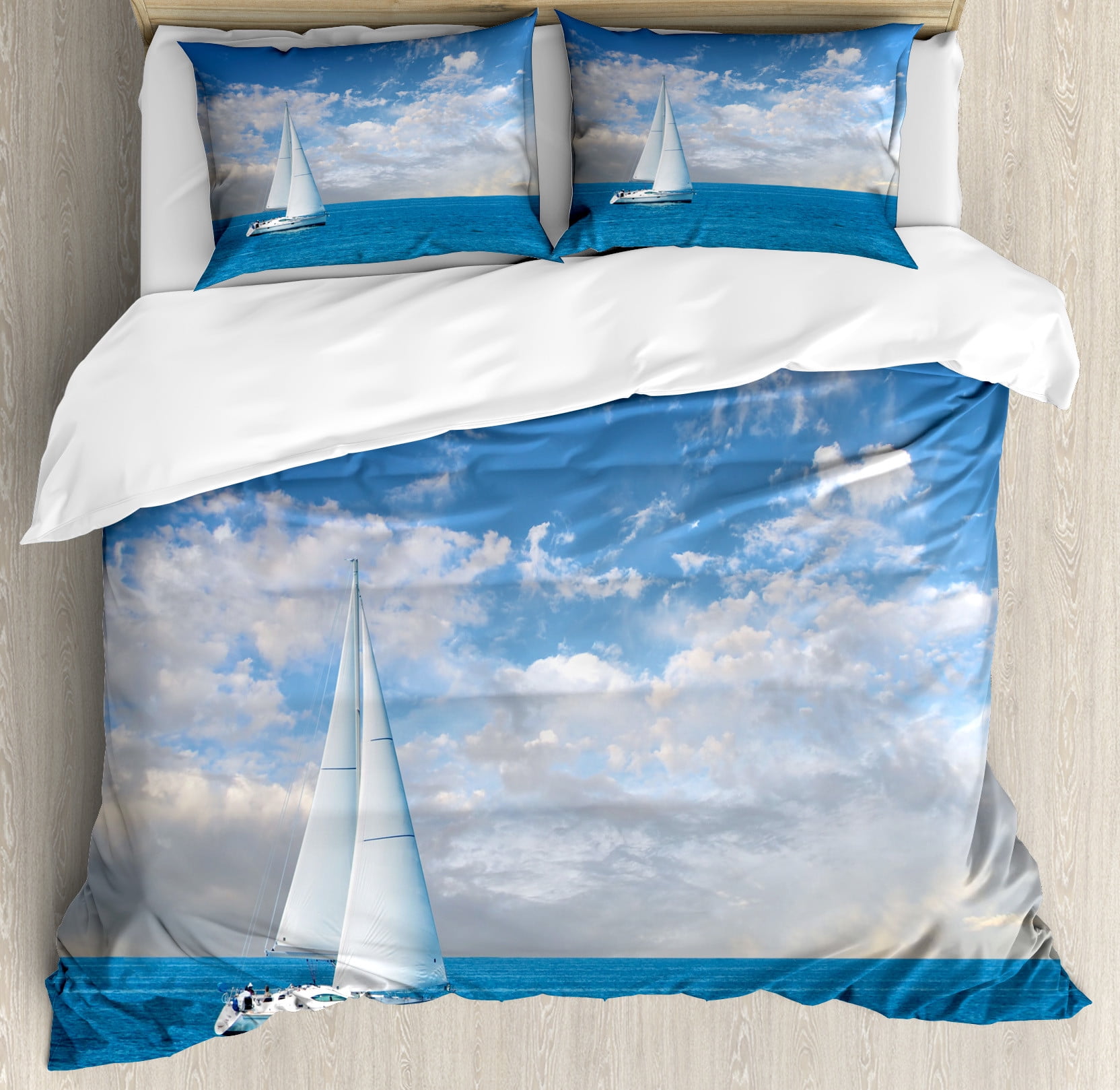 Ocean Duvet Cover Set, Modern Sail Boat on Sea Horizon Cloudy Sky ...