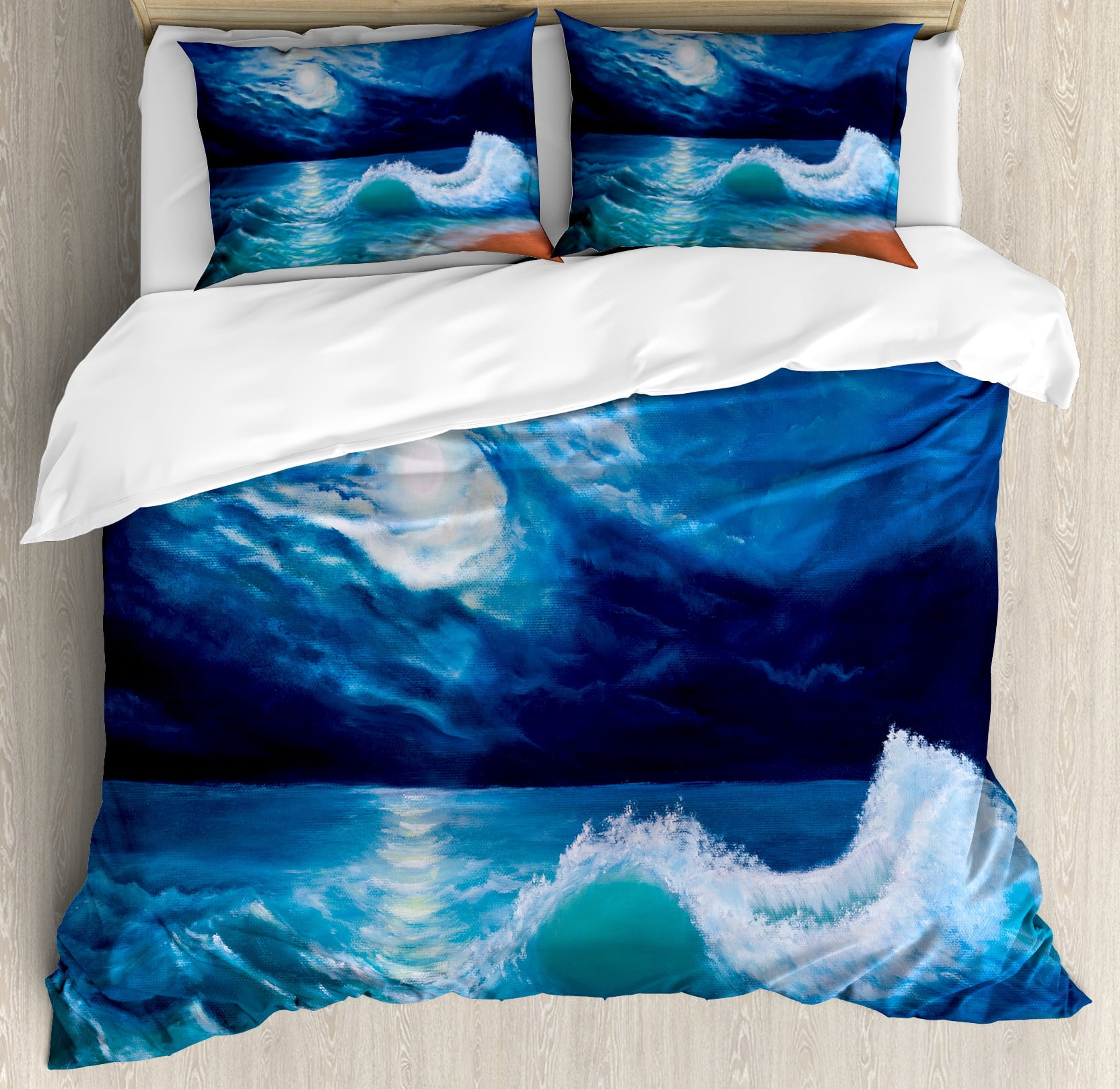 Ocean Duvet Cover Set, Moonlight over Wavy Sea Dramatic Sky Beach ...