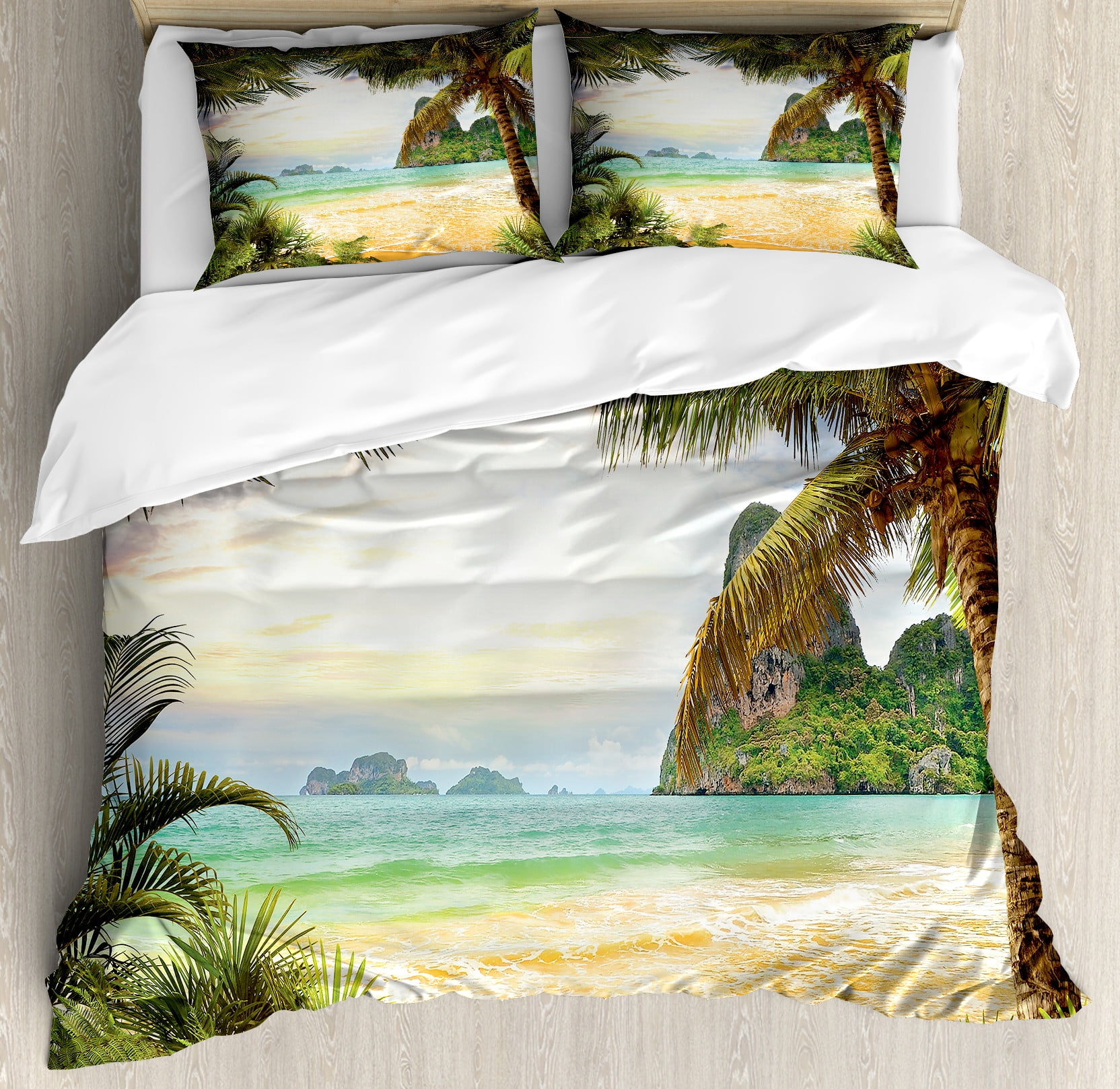 Ocean Duvet Cover Set, Palm Coconut Trees and Ocean Waves Mountains on ...