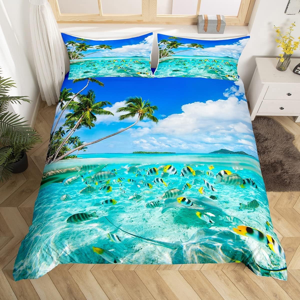 Ocean Duvet Cover Set Palm Tree Leaves In The Tropical Sand Beach Sea Landscape Graphic Print