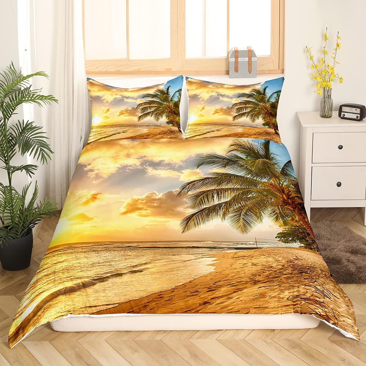 Ocean Duvet Cover Set, Palm Tree Leaves in The Tropical Sand Beach Sea ...