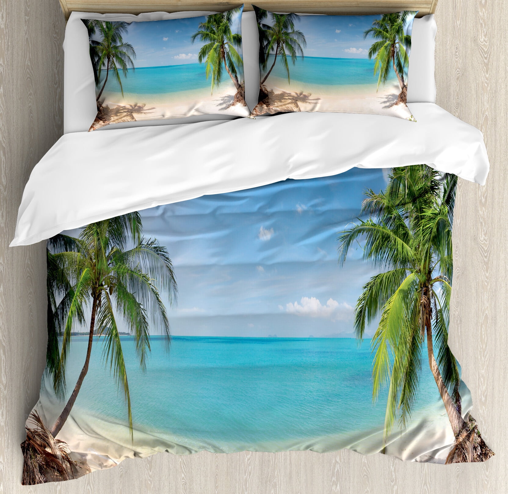 Ocean Duvet Cover Set, Panoramic View of Tropical Sandy Beach Exotic ...