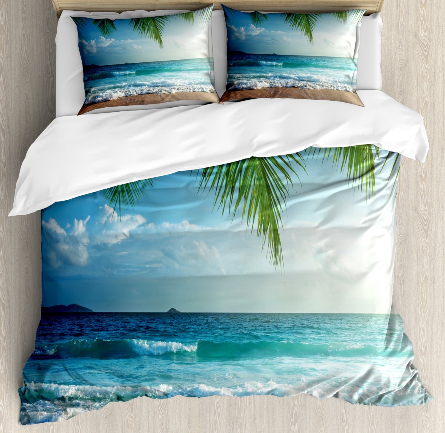 Ocean Duvet Cover Set Queen Size, Palms Tropical Island Beach Seashore ...