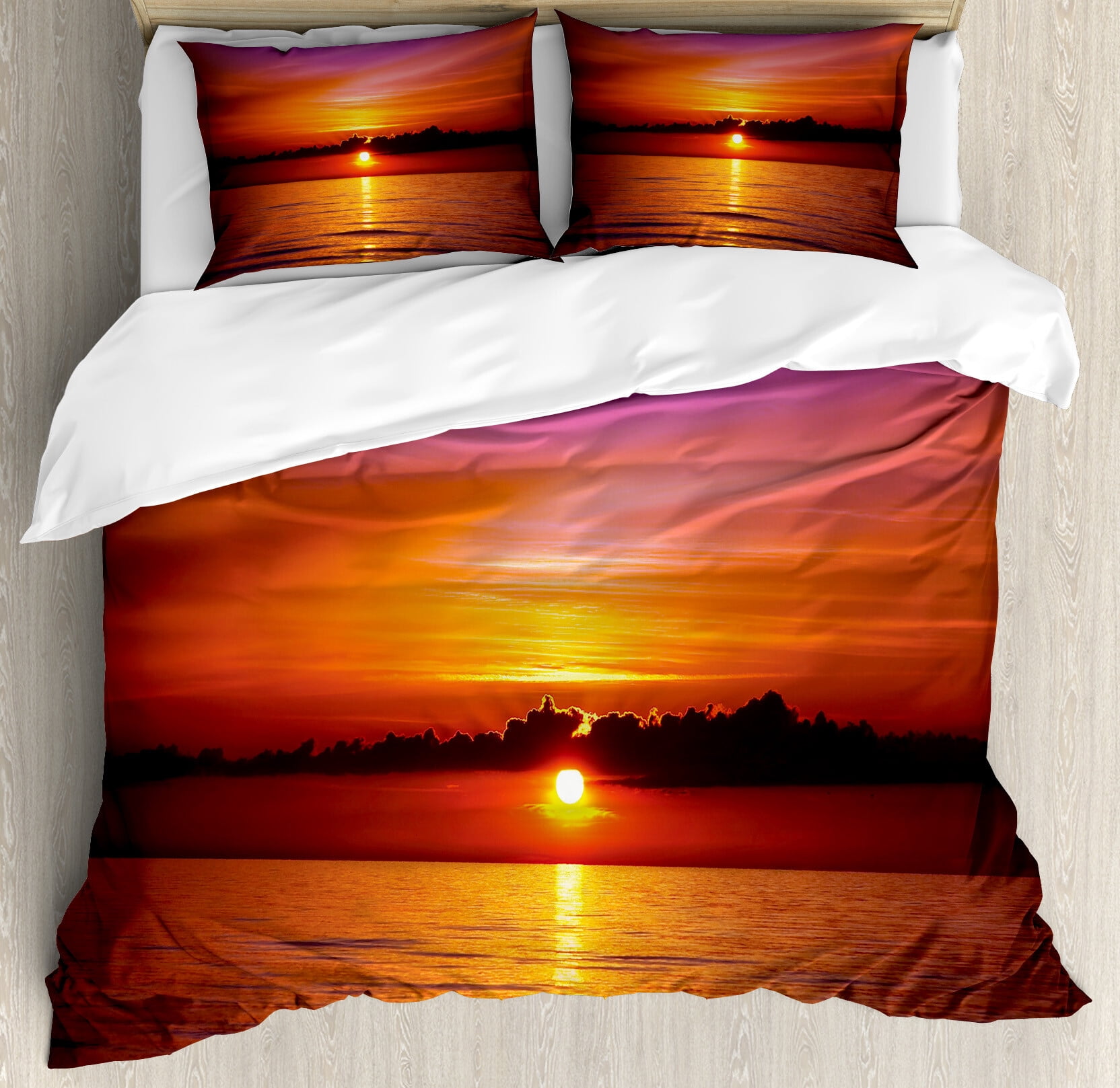 Ocean Duvet Cover Set, Romantic Sunset on the Beach Sun Rays Reflection ...