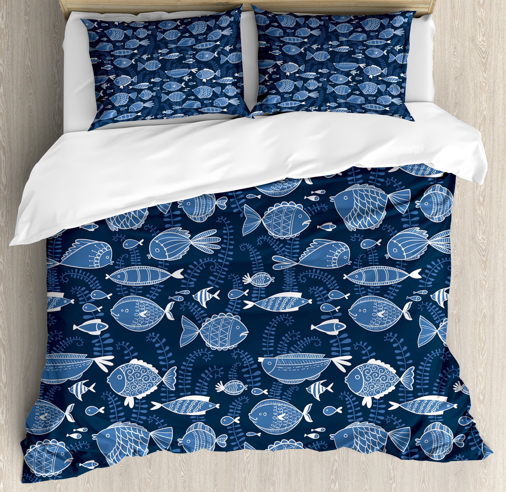 Ocean Duvet Cover Set, Sealife Marine Navy Image Tropic Fish Moss ...