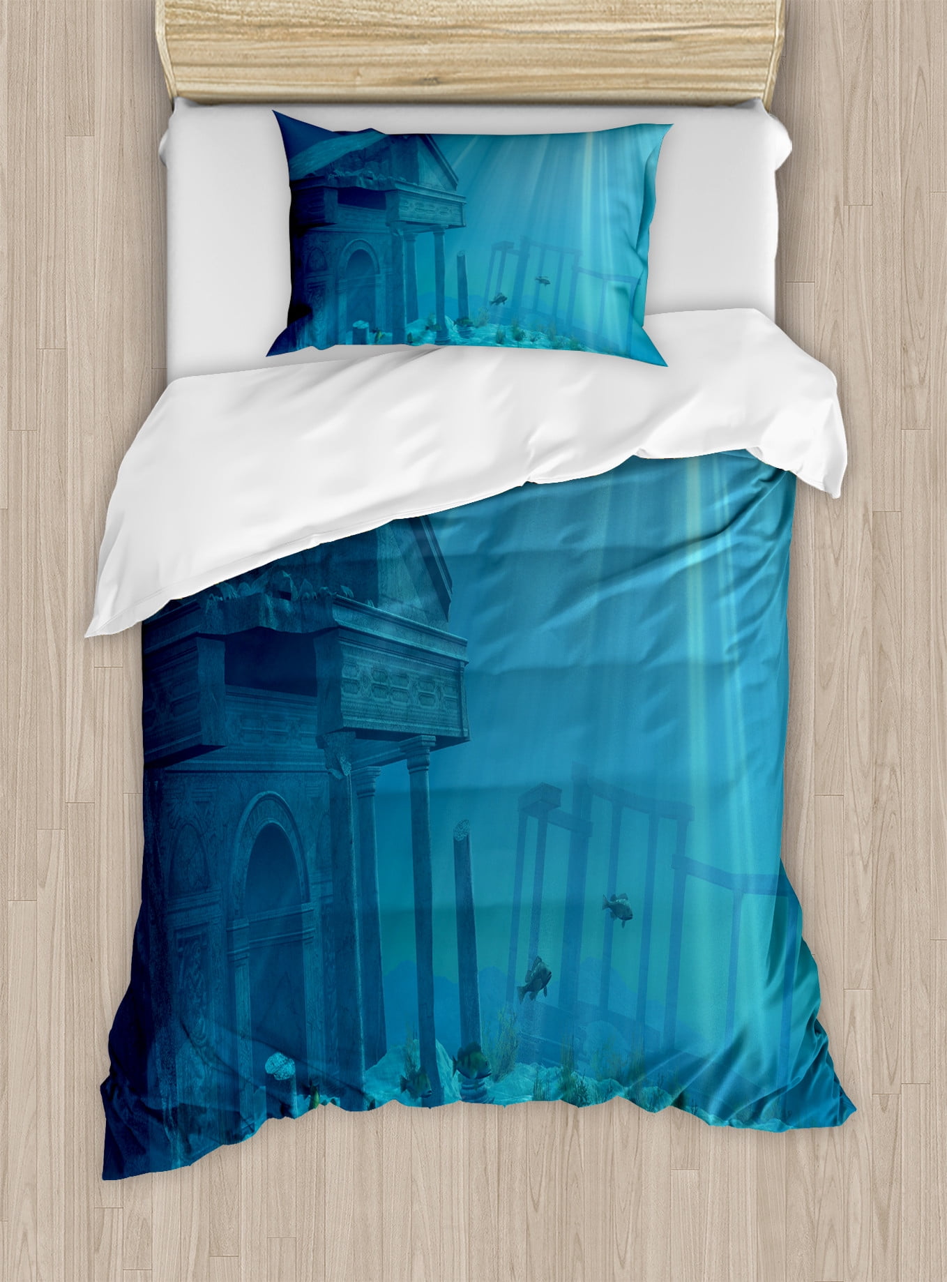 Ocean Duvet Cover Set, Sun Rays over Ruins of a Former Civilization Deep Sea Atlantis World ...