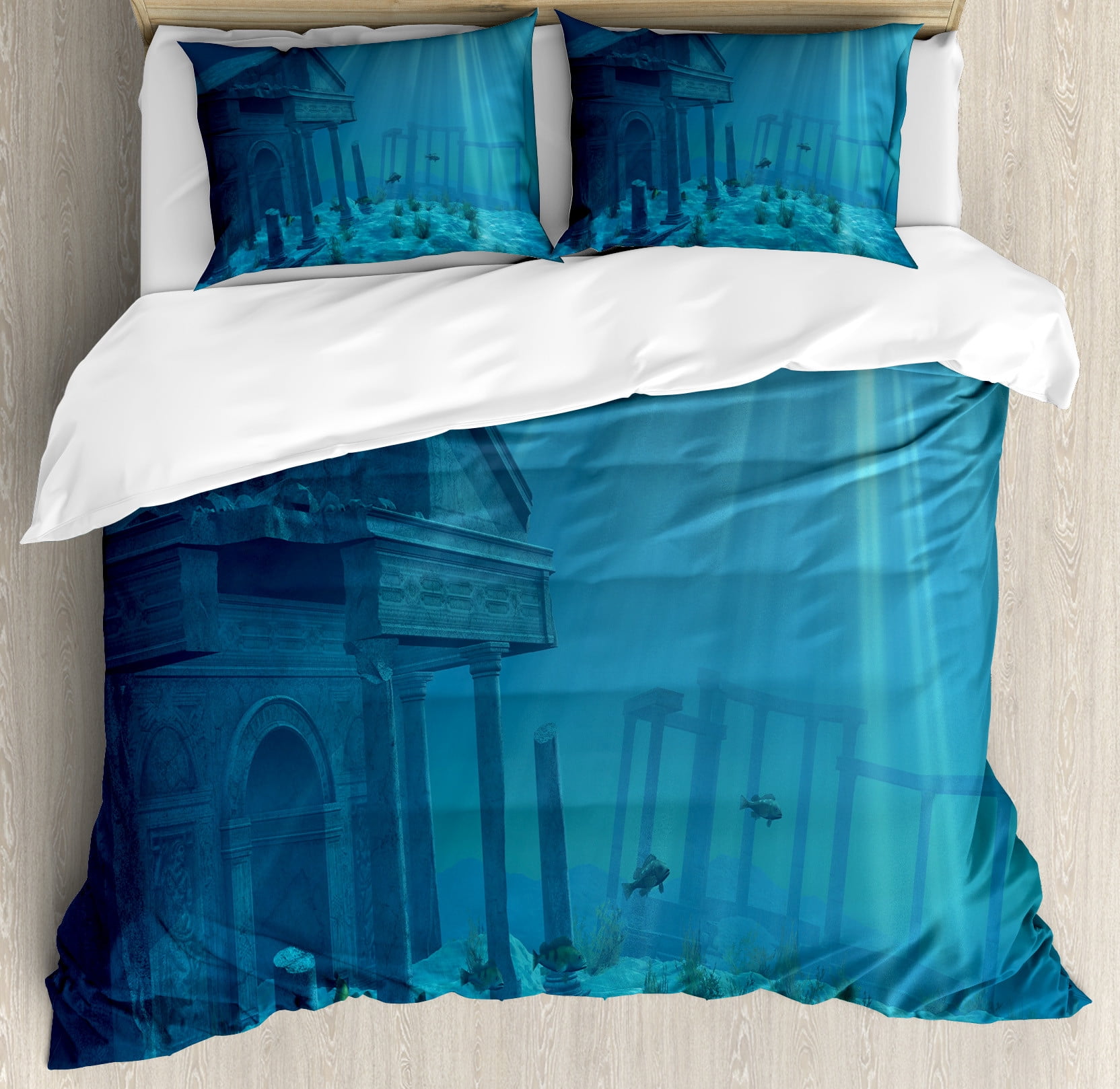 Ocean Duvet Cover Set, Sun Rays over Ruins of a Former Civilization Deep Sea Atlantis World ...