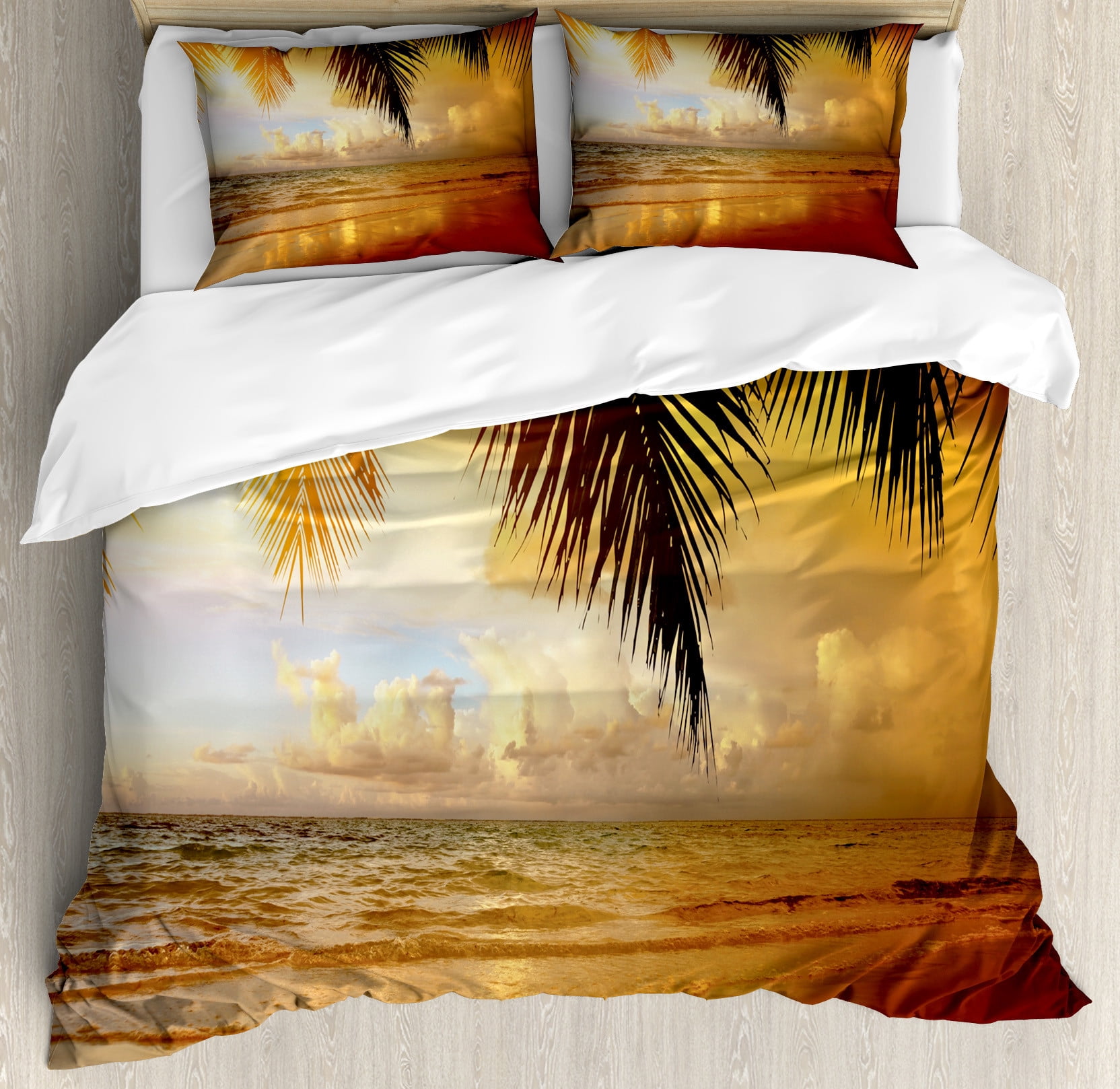Ocean Duvet Cover Set, Sunset on the Beach of Caribbean Sea Waves Coast ...