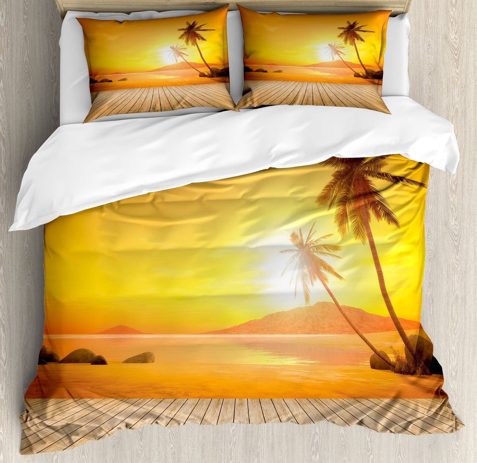 Ocean Duvet Cover Set, Sunset over the Ocean with Palm Tree and Wooden ...