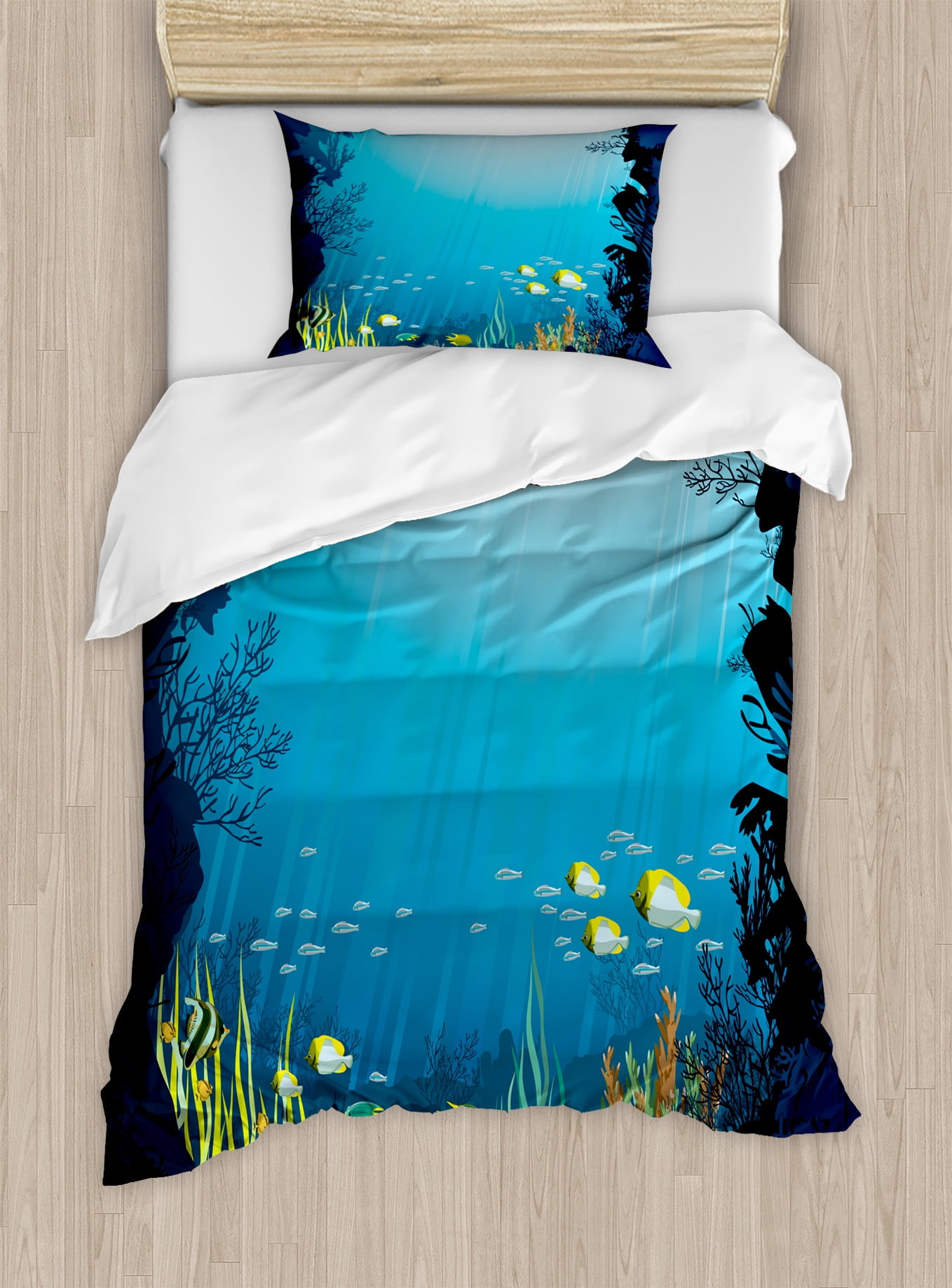 Ocean Duvet Cover Set, Topical Underwater Cave Fishes Swimming Marine ...