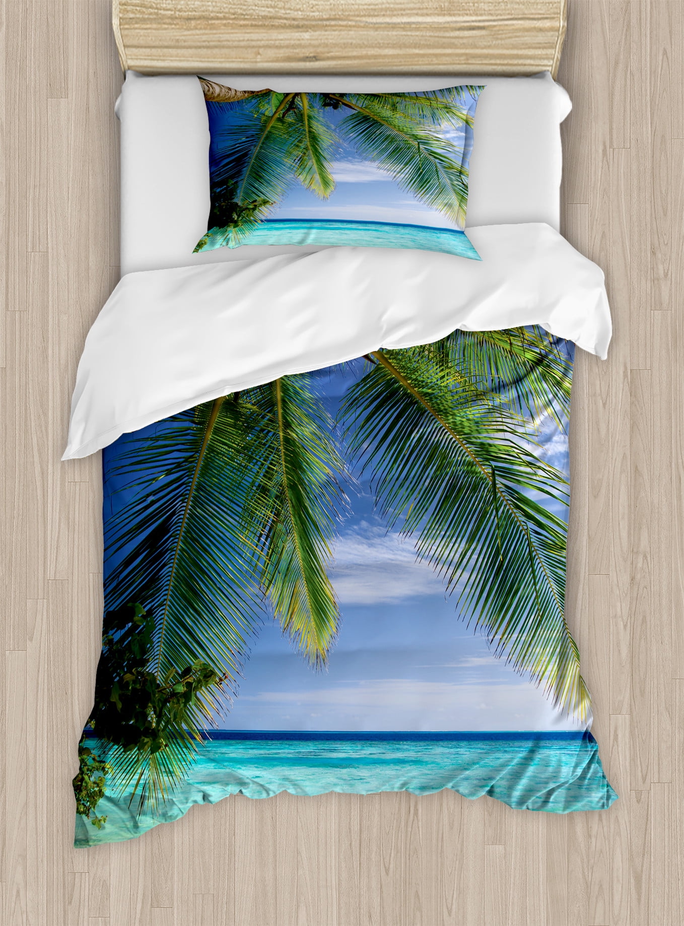 Ocean Duvet Cover Set, Tropical Paradise View at Maldives Palms Clear ...