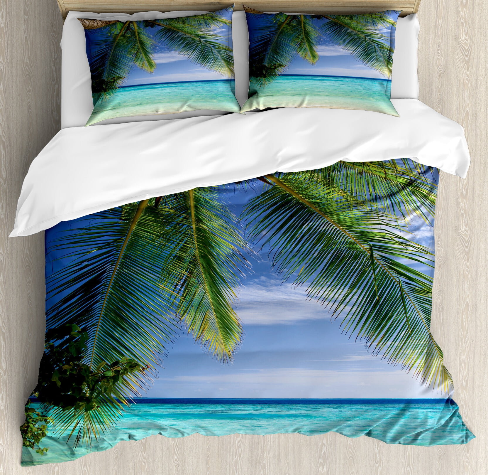 Ocean Duvet Cover Set, Tropical Paradise View at Maldives Palms Clear ...