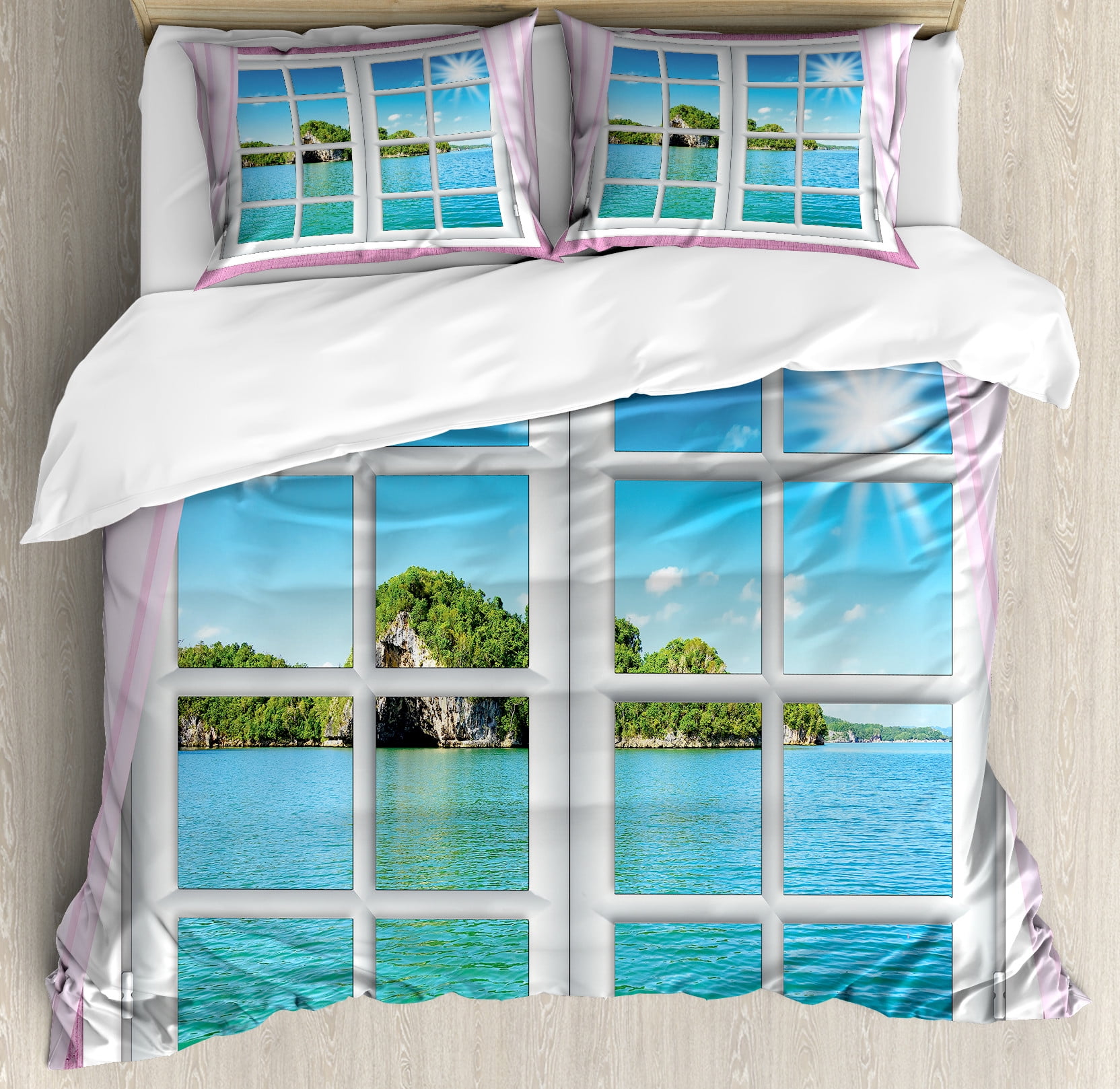 Ocean Duvet Cover Set, Ocean View from the Window on Island in Sunny ...