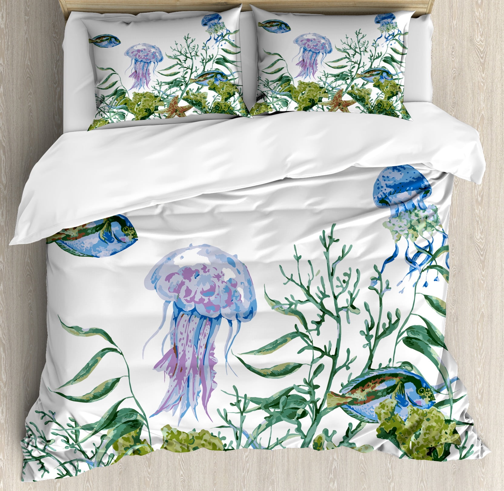 Ocean Duvet Cover Set, Watercolor Style Effect Sea Life Pattern with ...
