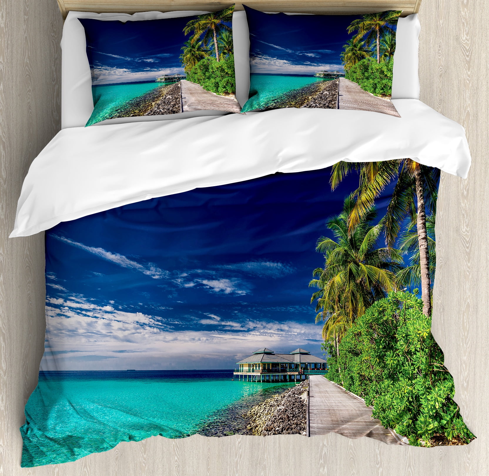 Ocean Duvet Cover Set, Wooden Boardwalkt the Beach Palm Trees in Dark ...
