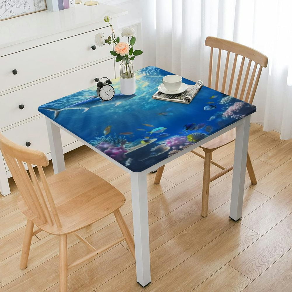 Ocean Elastic Edged Square Tablecloth, Marine Life Fish Wipe Clean ...