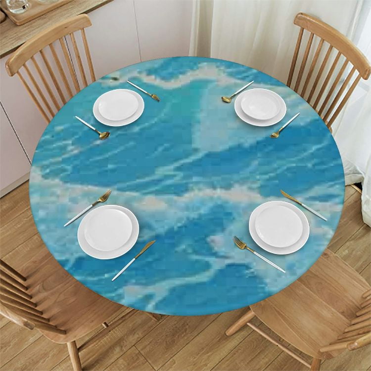 Ocean Elastic Round Tablecloth Summer Ocean Wave Ombre Blue Fitted ...