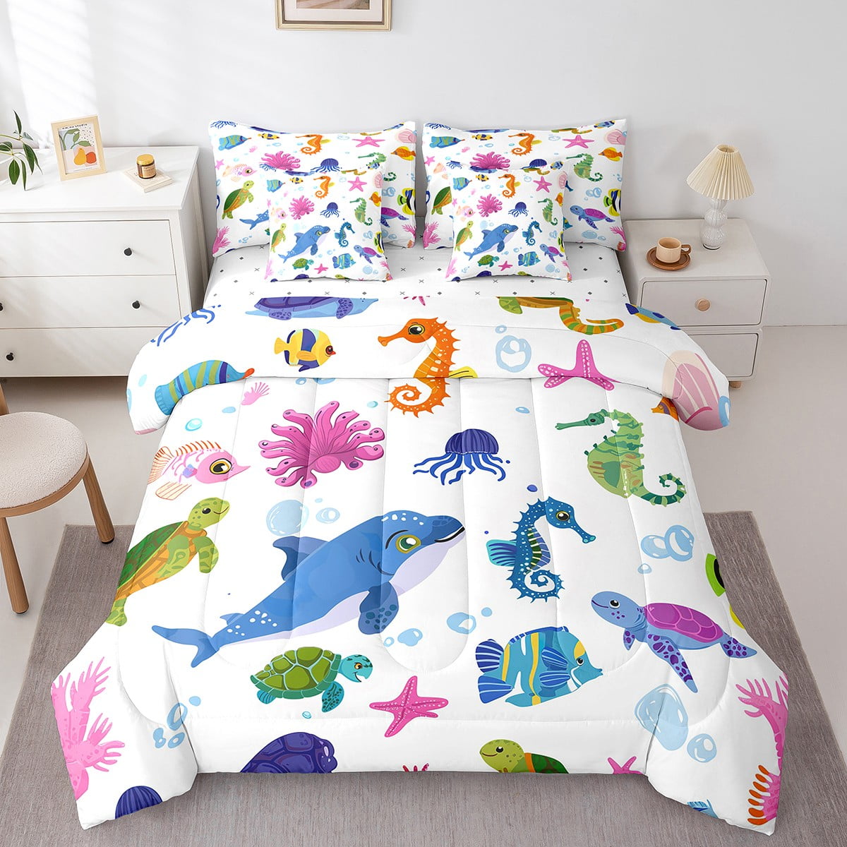 Ocean Fish 7 Piece Comforter Set Full Bed in a Bag,Sea Turtle Octopus ...