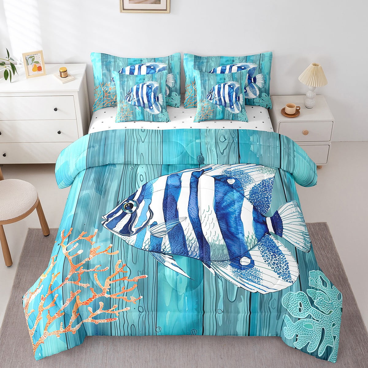 Ocean Fish 7 Piece Comforter Set Full Bed in a Bag,Under Sea Coral ...