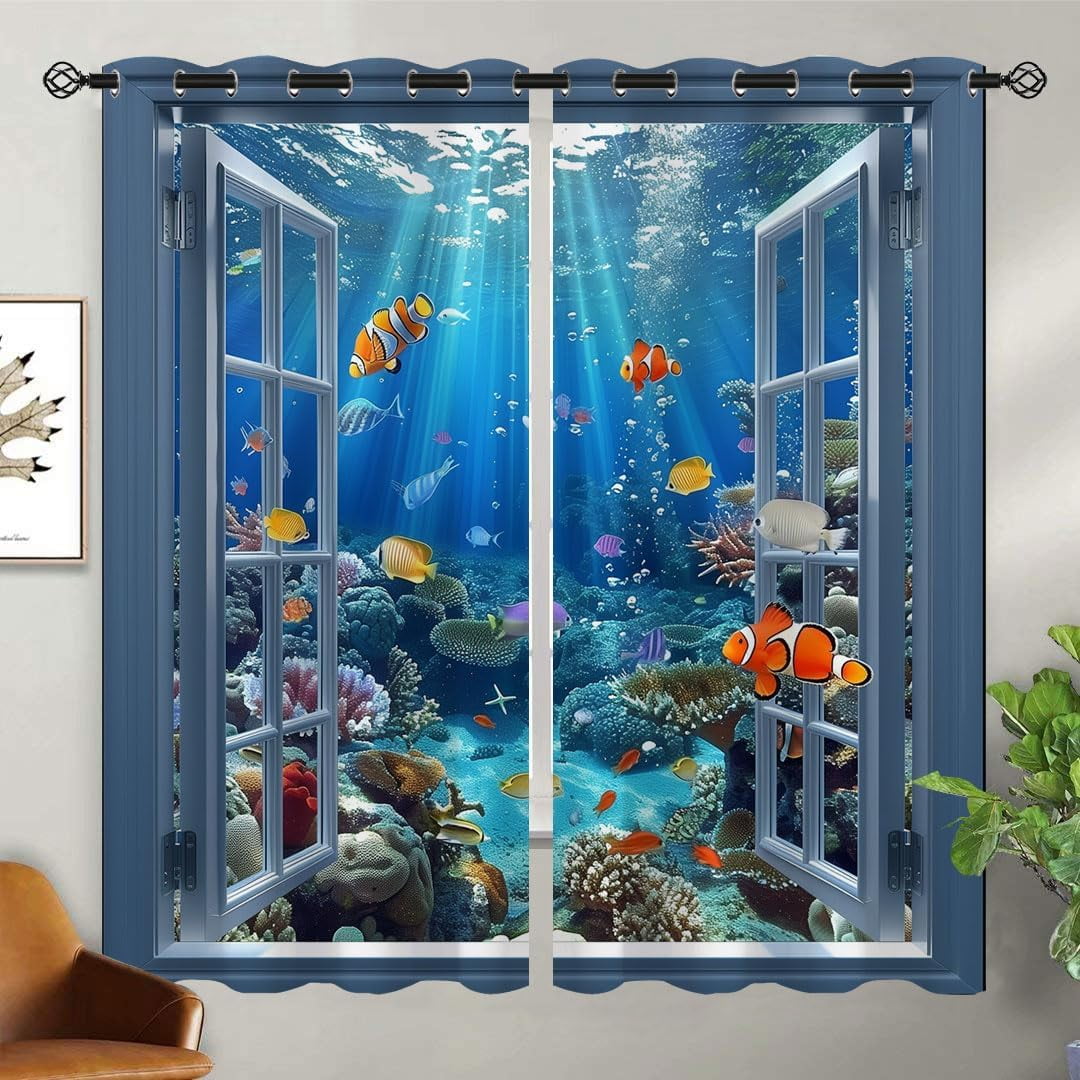 Ocean Fish Blackout Curtains Underwater Coral Fish Print Grommet Window ...