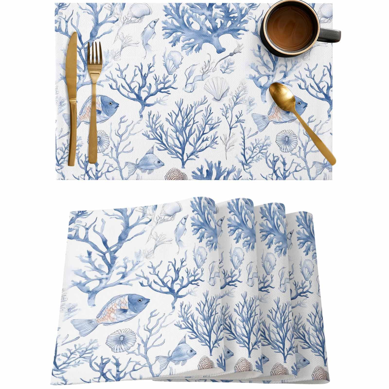 Ocean Fish Blue Coral Placemats Set of 4,Wipeable Washable Table Mats ...