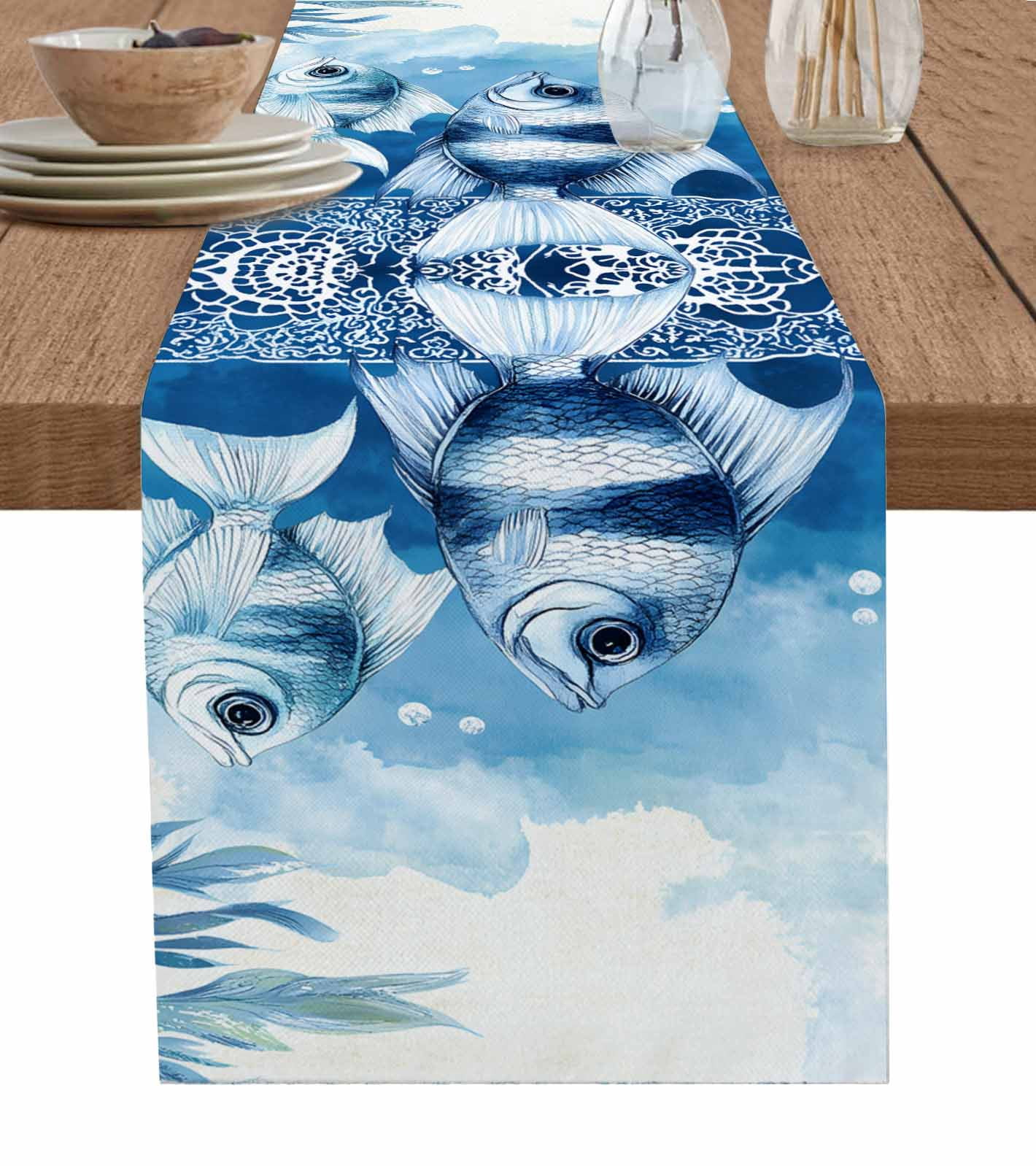 Ocean Fish Burlap Cotton Table Runner 13x70 Inches Long, Watercolor ...