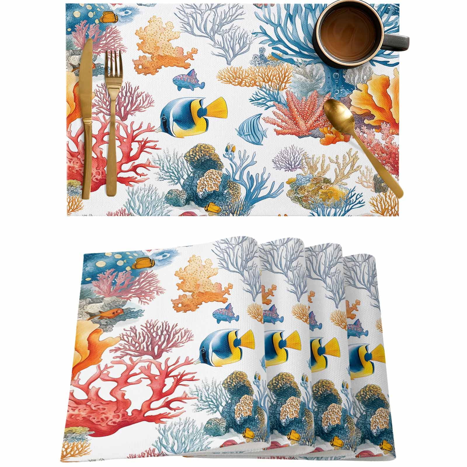 Ocean Fish Colorful Coral Placemats Set of 4,Wipeable Washable Table ...