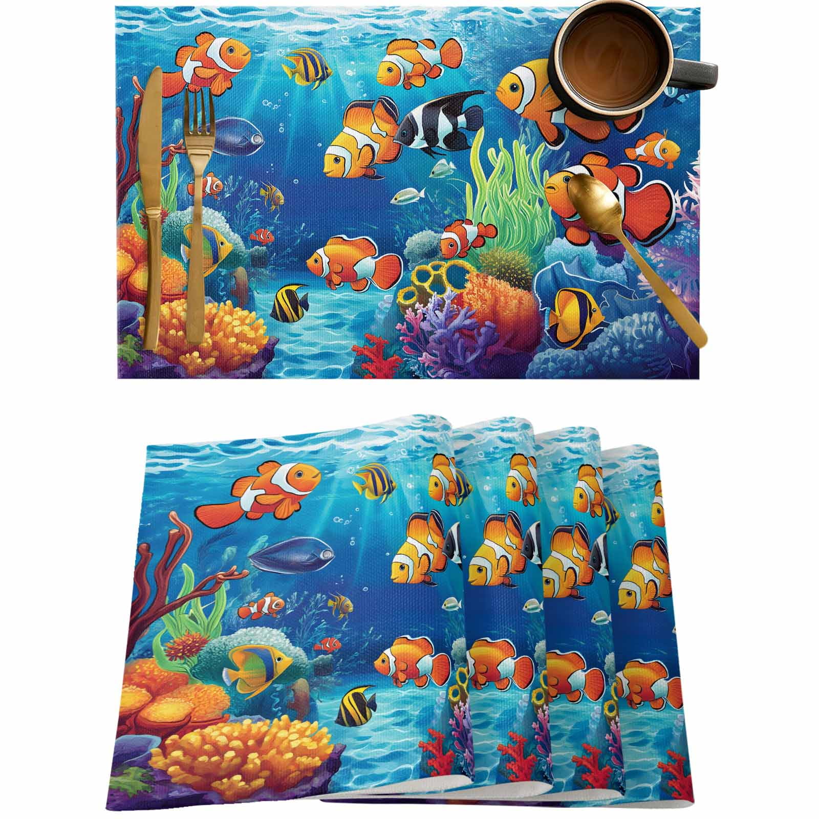 Ocean Fish Coral Seaweed Cartoon Style Placemats Set of 4,Wipeable ...