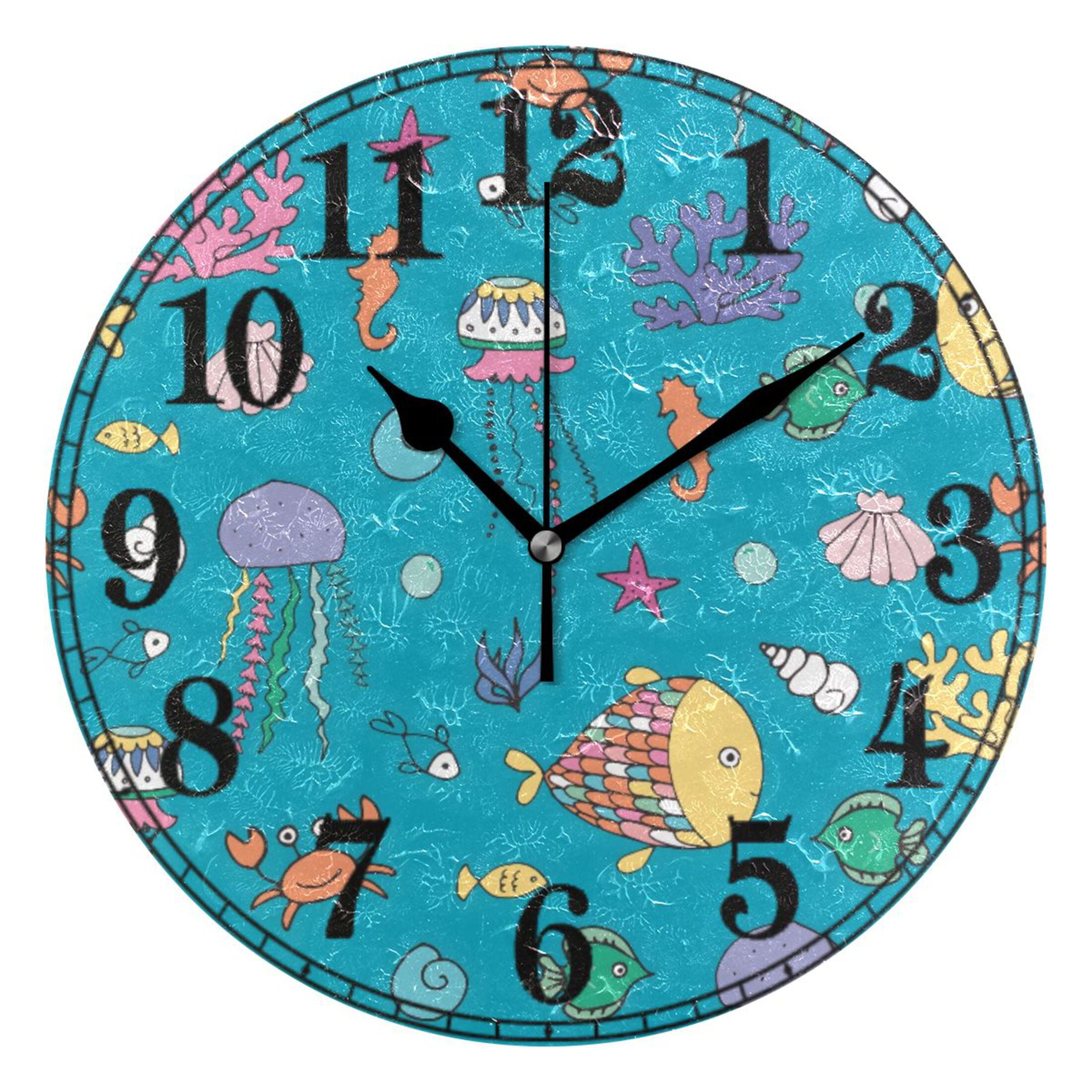 Ocean Fish Jellyfish Seashell Silent Wall Clock 10" Non-Ticking Battery ...