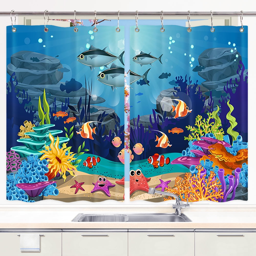 Ocean Fish Kitchen Curtains, Under The Sea Tropical Turtle Blue Ocean ...