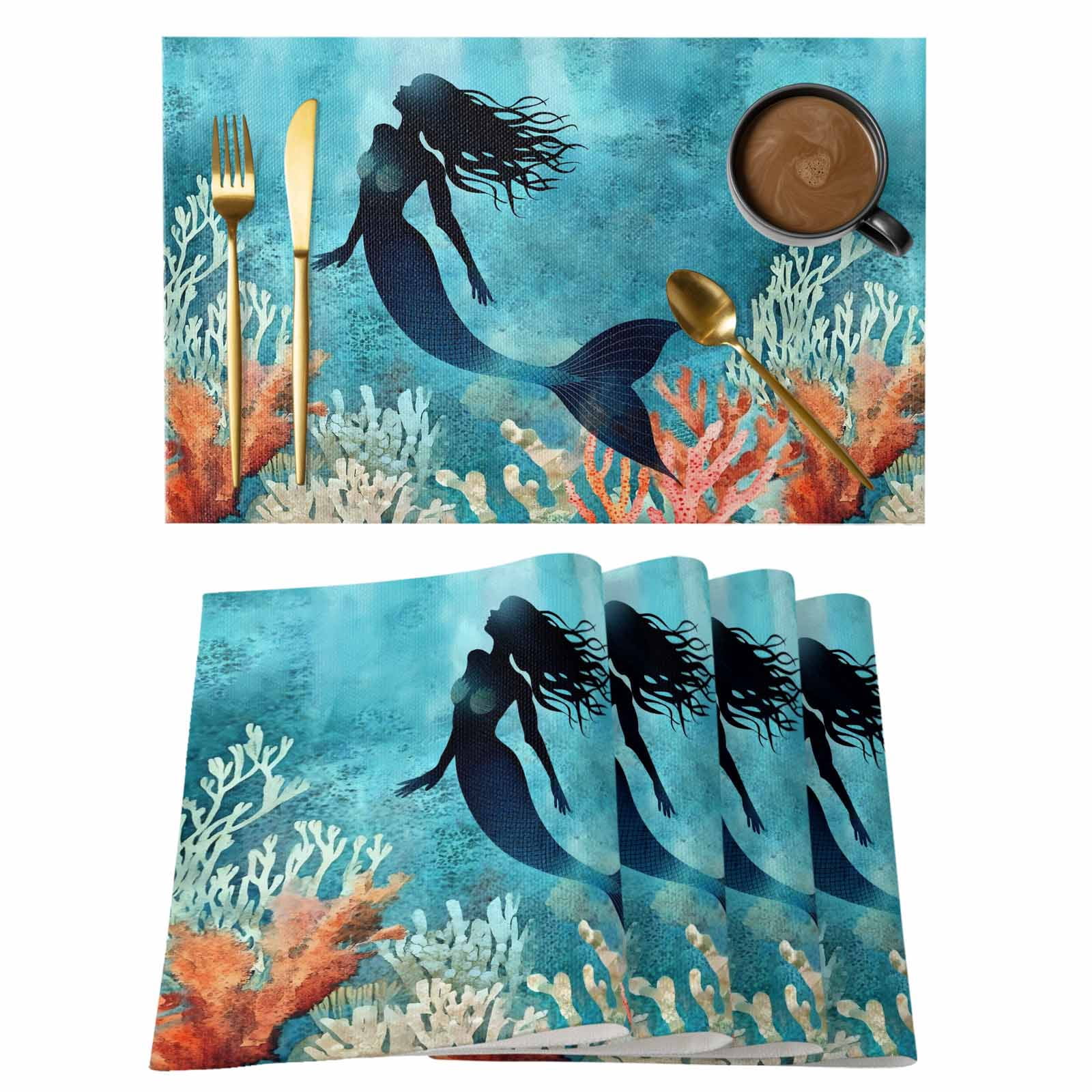 Ocean Fish Placemats Set of 8, Coastal Sea Coral Seabed Watercolor ...