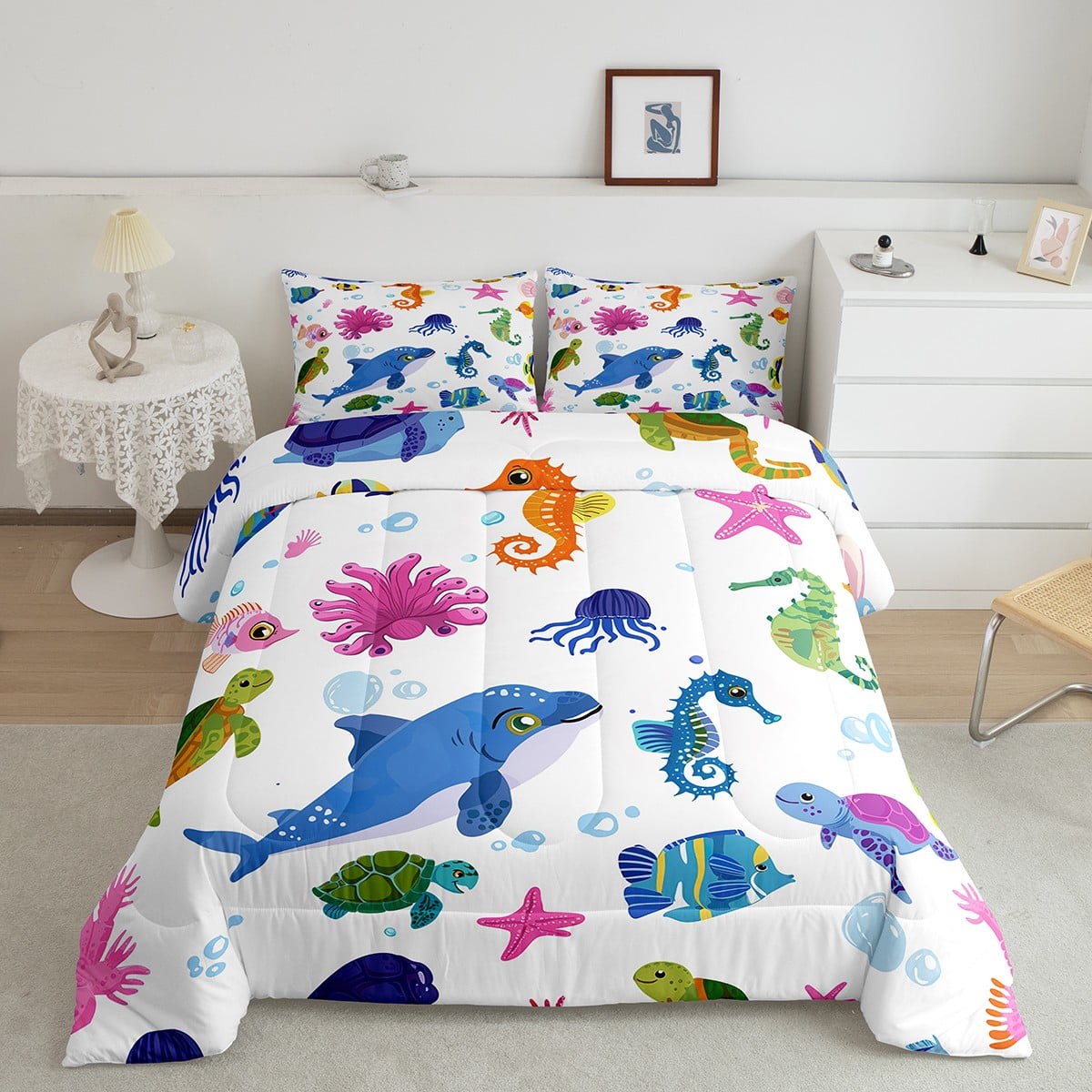 Ocean Fish Queen Comforter Set Sea Turtle Bedding Set for Kids Child Girls,Octopus Dolphin Quilt ...