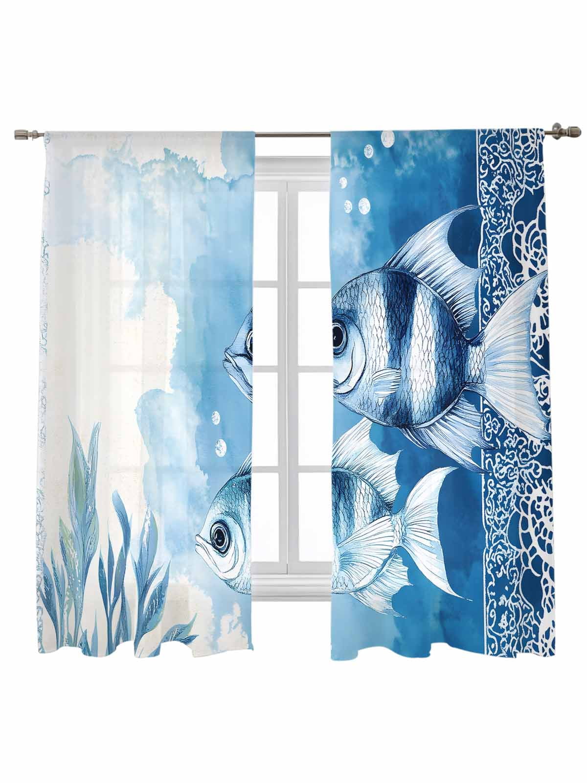 Ocean Fish Sheer Curtains 2 Panels Set Watercolor Retro Coral Marine ...