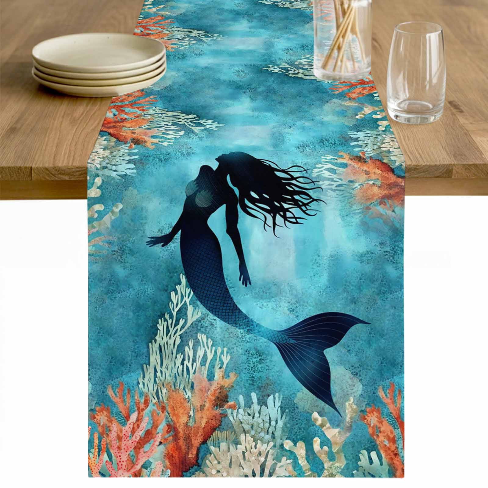 Ocean Fish Table Runner - 120 Inch Long Coastal Sea Coral Seabed ...